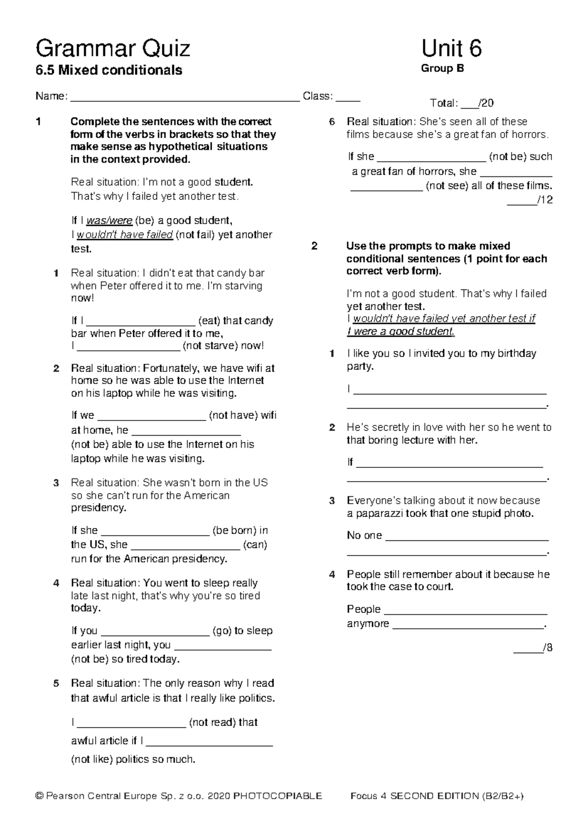 Focus 4 2E Grammar Quiz Unit6.5 Group B 2kol - Grammar Quiz Unit 6 6 ...