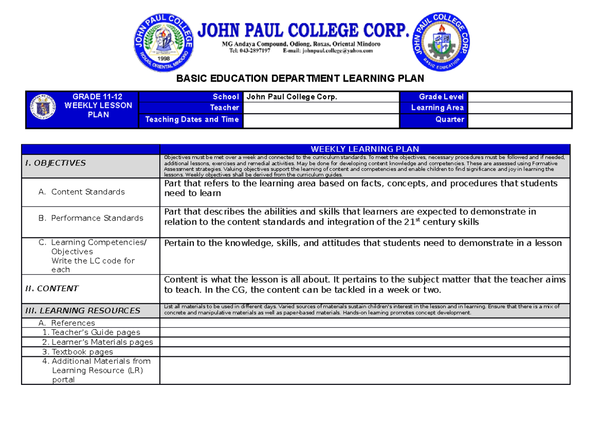 DLP-Template - Detailed - BASIC EDUCATION DEPARTMENT LEARNING PLAN ...