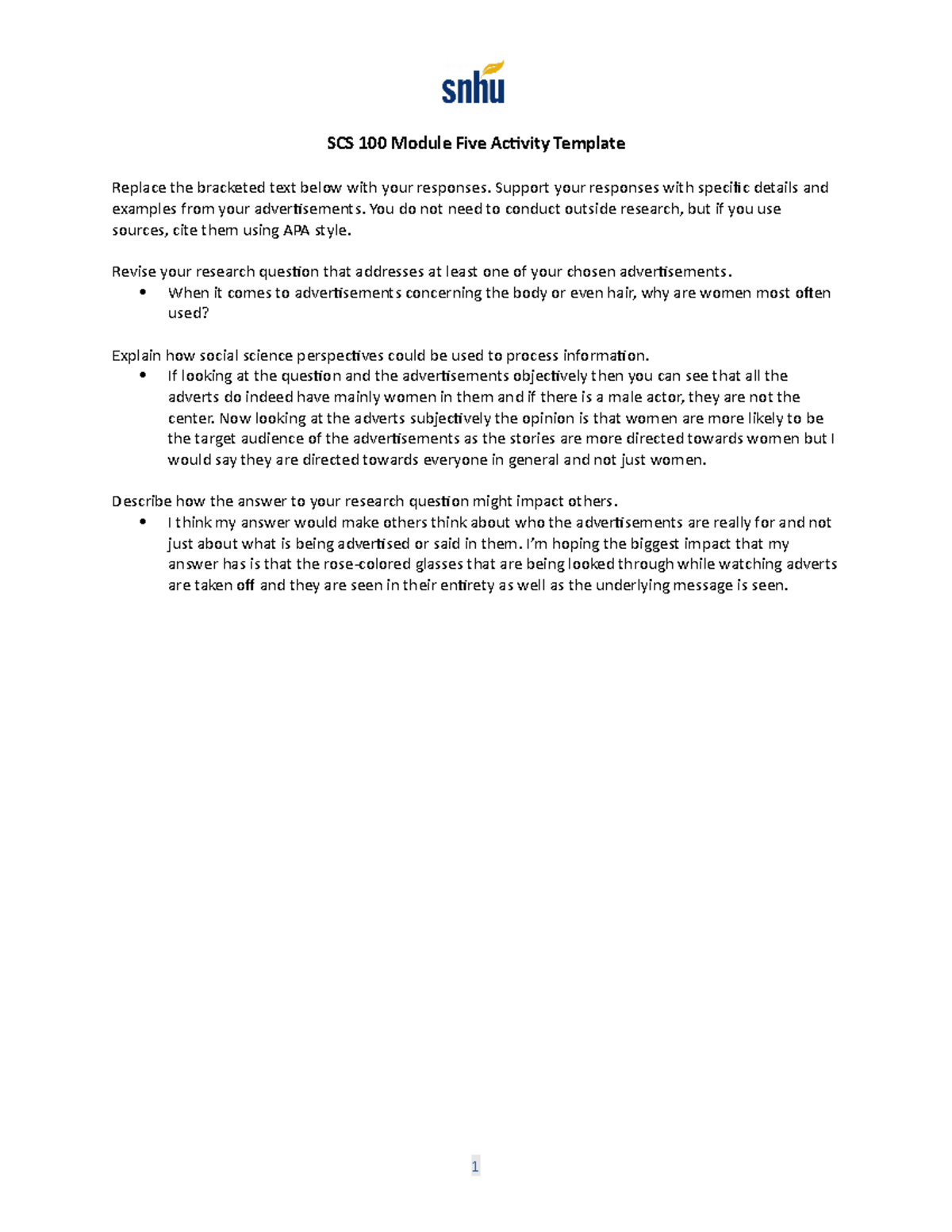 SCS100 Module 5 - SCS 100 Module Five Activity Template Replace the bracketed text below with ...
