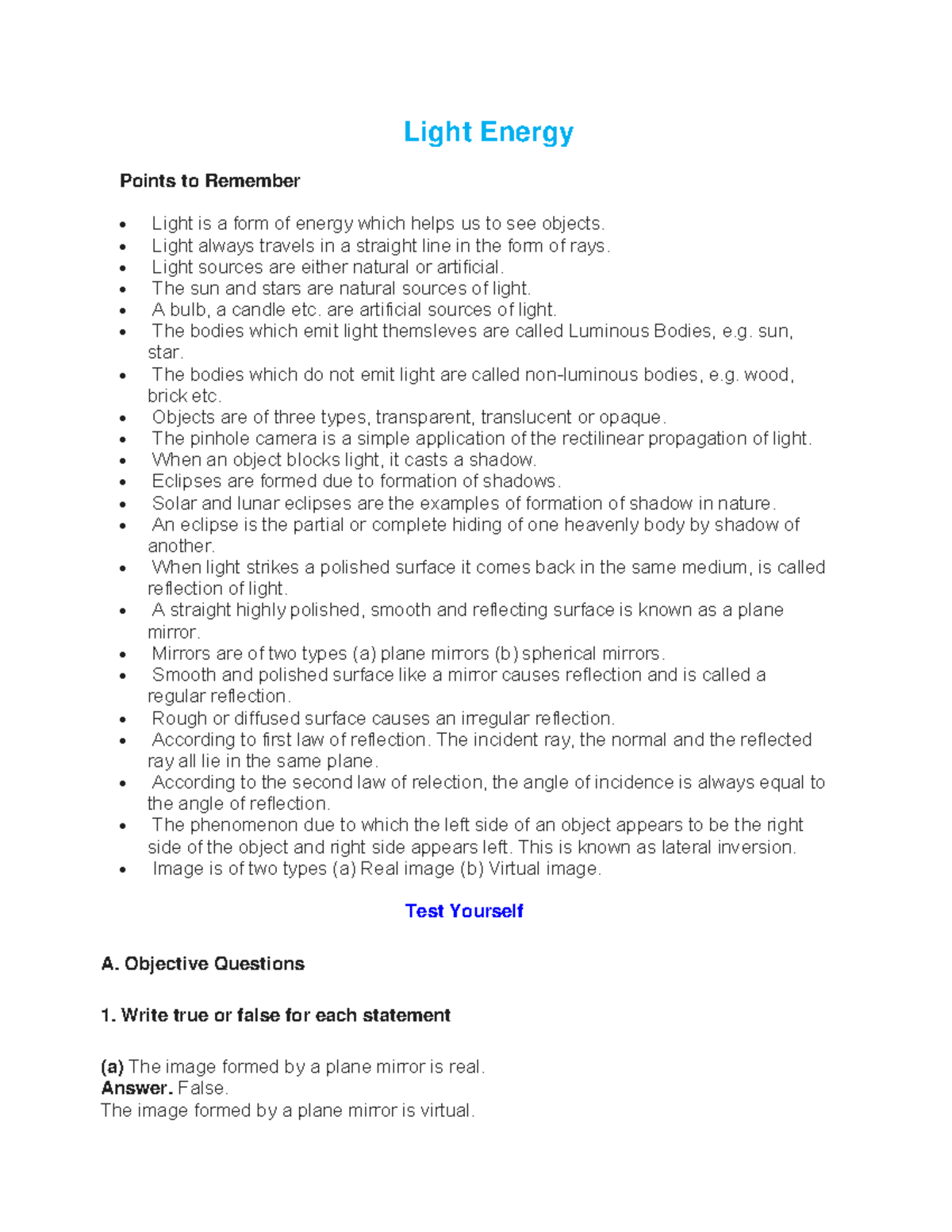 Light Energy - notes - ncertbooksolutions Light Energy Points to ...