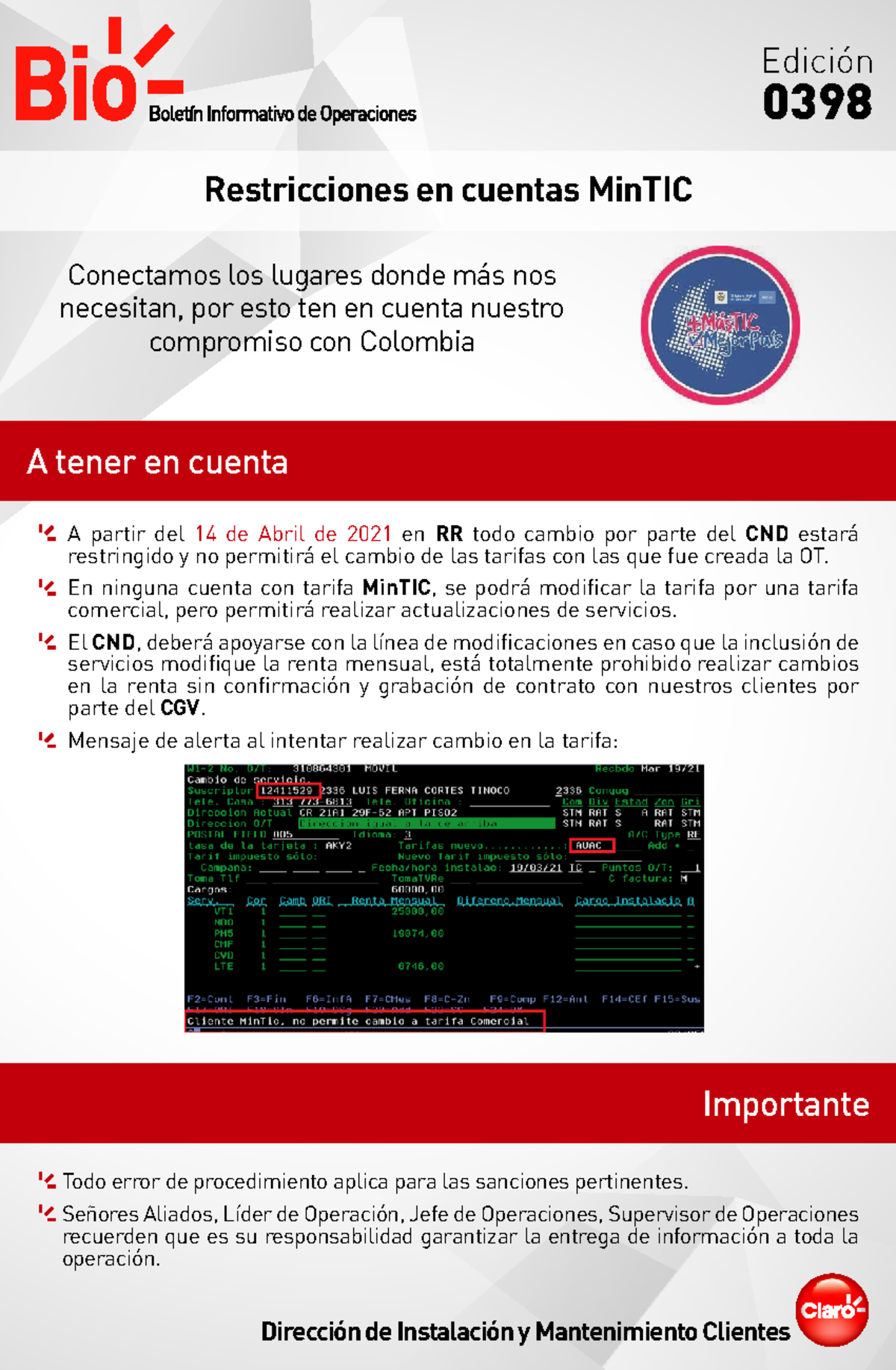 BIO 398 Restricciones en cuentas Min TIC - Dirección de Instalación y ...
