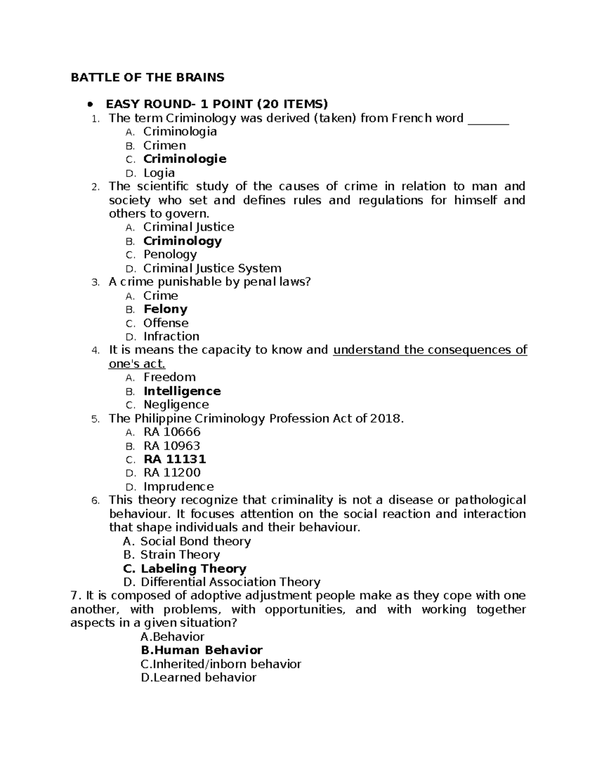 Battle OF THE Brains Questions - BATTLE OF THE BRAINS EASY ROUND- 1 ...