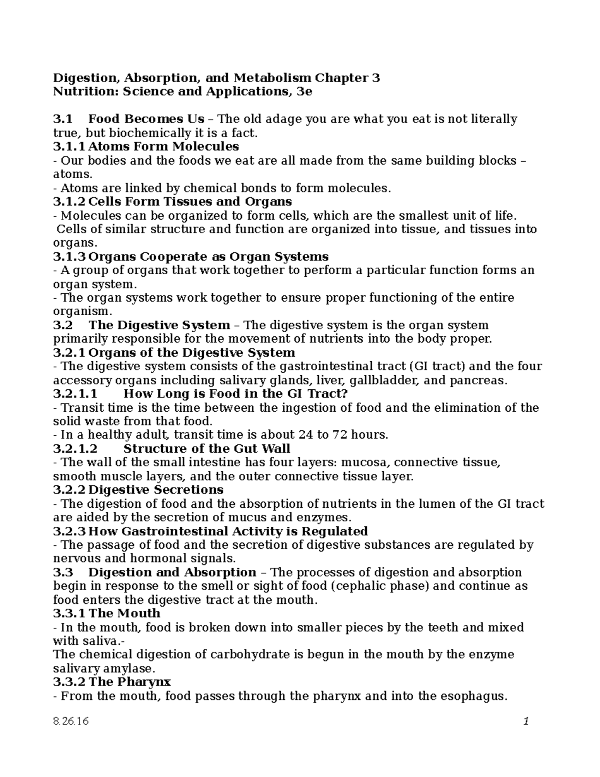 Ch 3 lecture notes/outline - Digestion, Absorption, and Metabolism ...