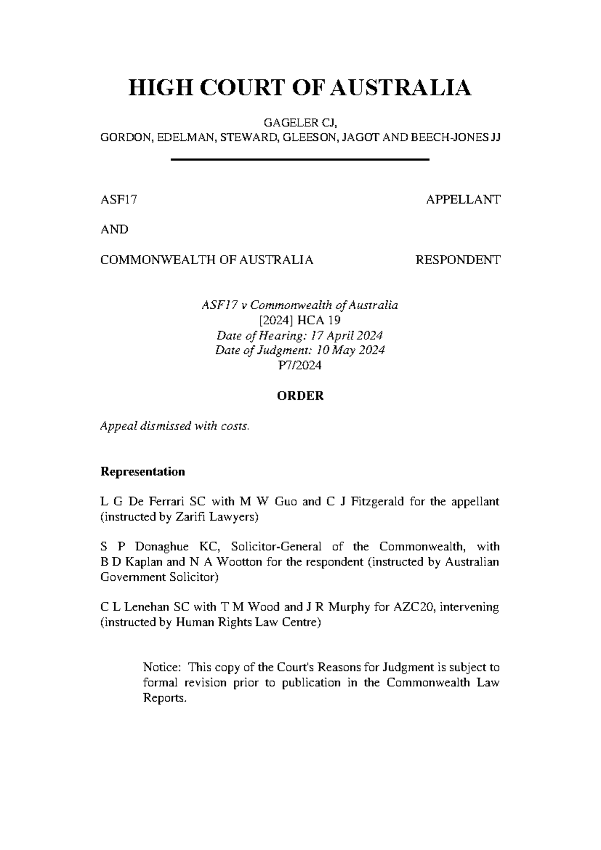 Judgment of High Court - HIGH COURT OF AUSTRALIA GAGELER CJ, GORDON ...
