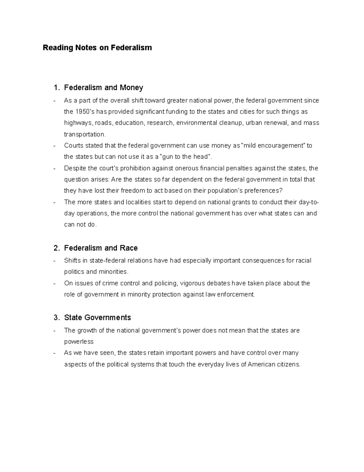 POL 201 Federalism Notes - Reading Notes on Federalism 1. Federalism ...