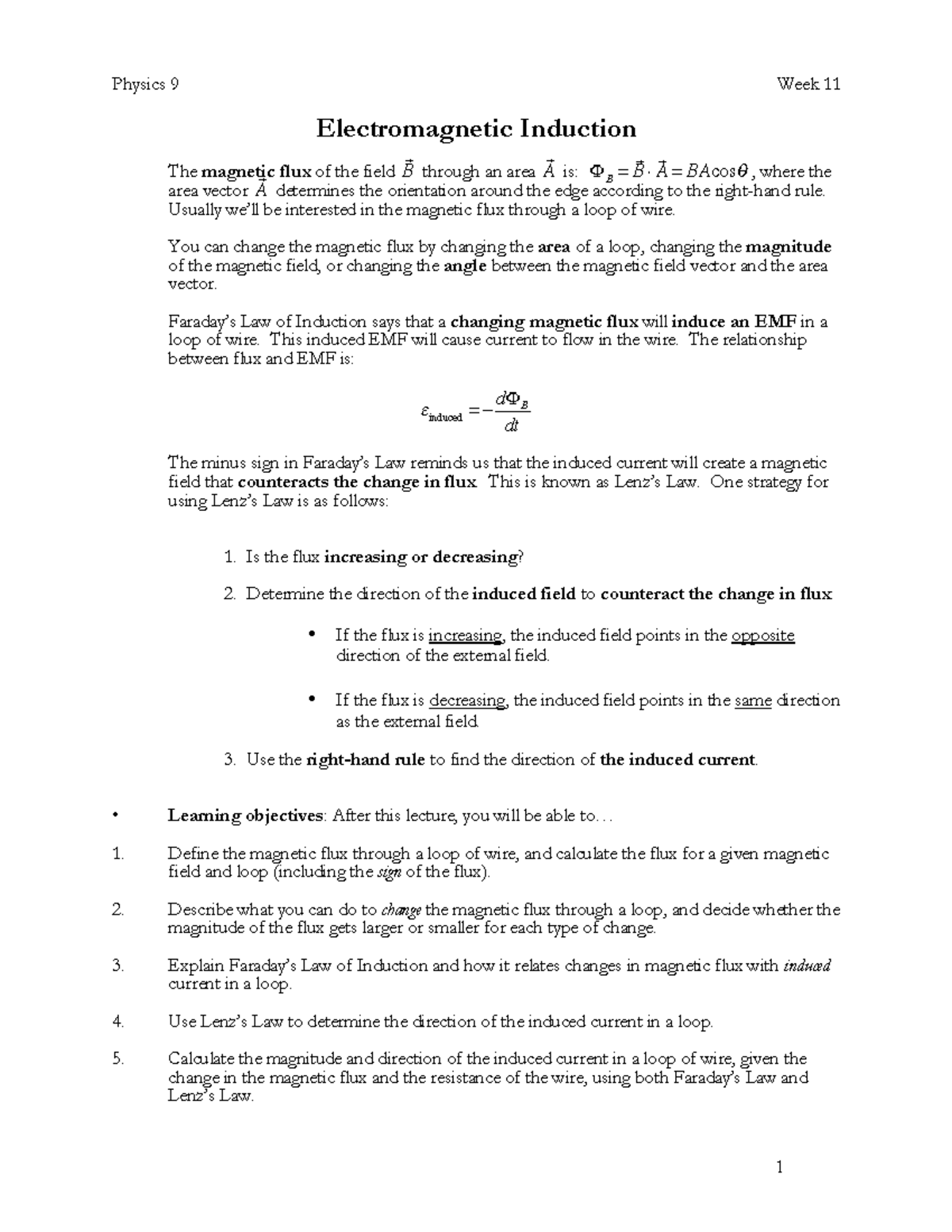 Week 10 Electromagnetic Induction - Physics 9 Week 11 Electromagnetic ...