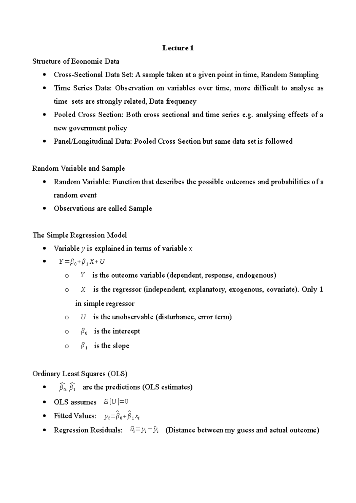 ECO. Notes - Lecture 1 Structure of Economic Data Cross-Sectional Data ...