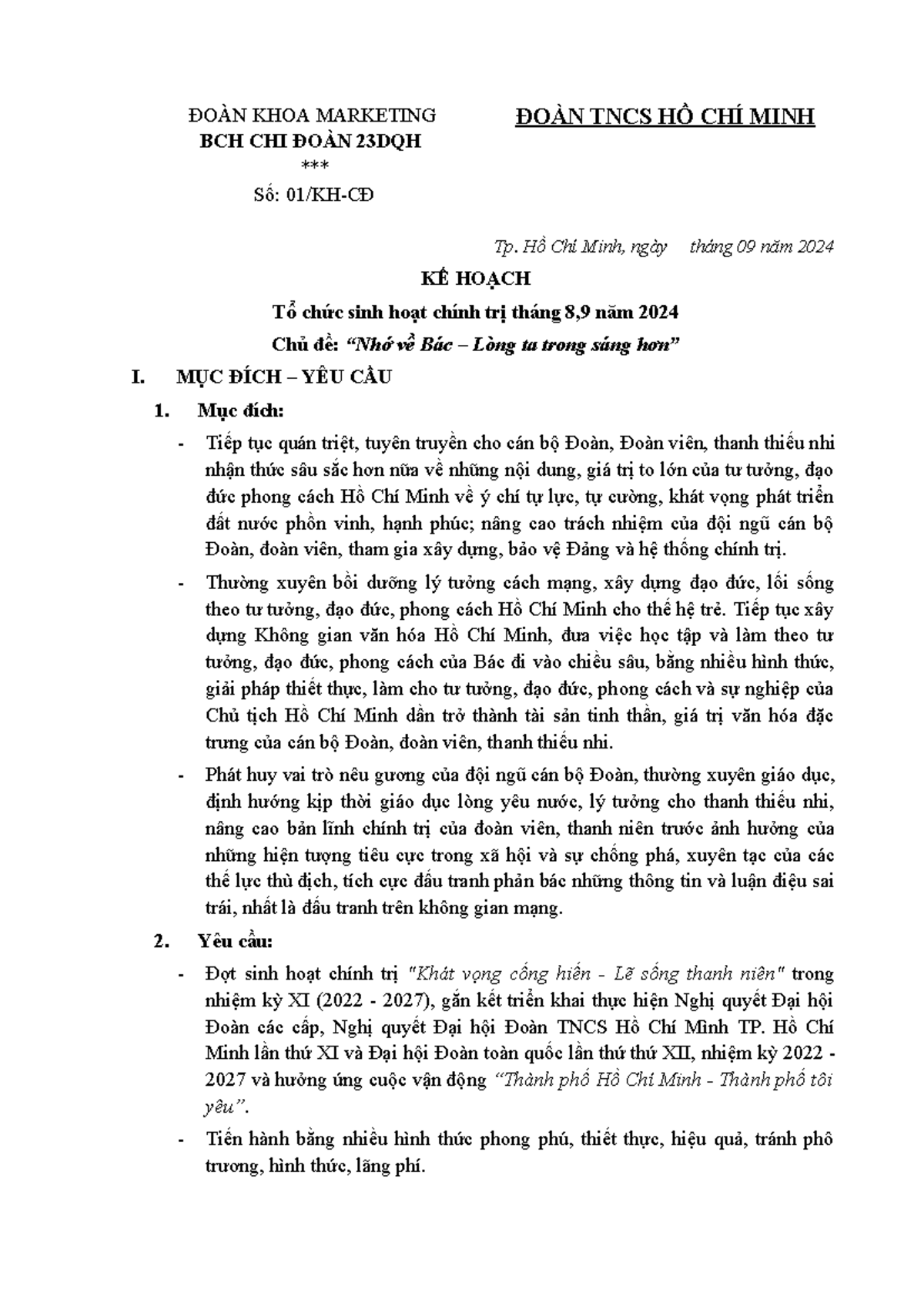 KH-SHCD T89-23DQH-C1-NM - ĐOÀN KHOA MARKETING BCH CHI ĐOÀN 23DQH *** Số: 01 /KH-CĐ ĐOÀN TNCS HỒ ...