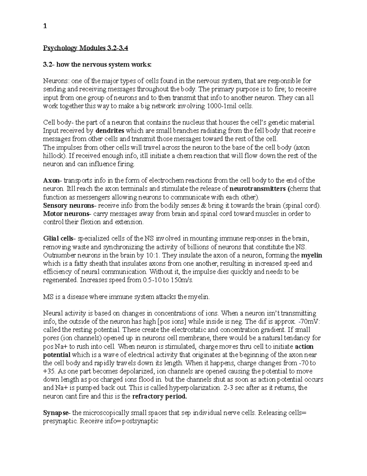 Psychology Modules 3 - 1 Psychology Modules 3.2-3 3- how the nervous ...