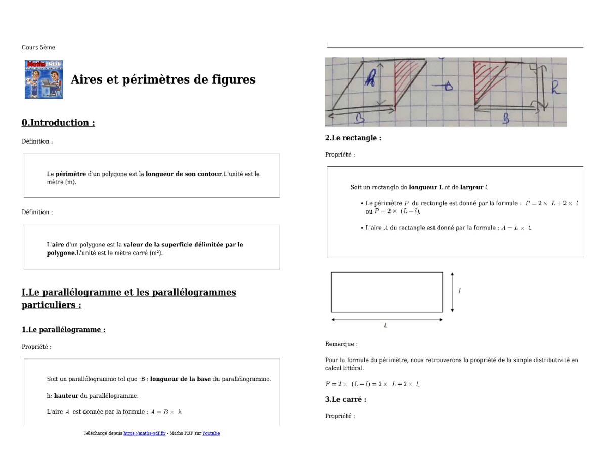 Aires et périmètres de figures cours de maths en 5ème à imprimer en PDF ...