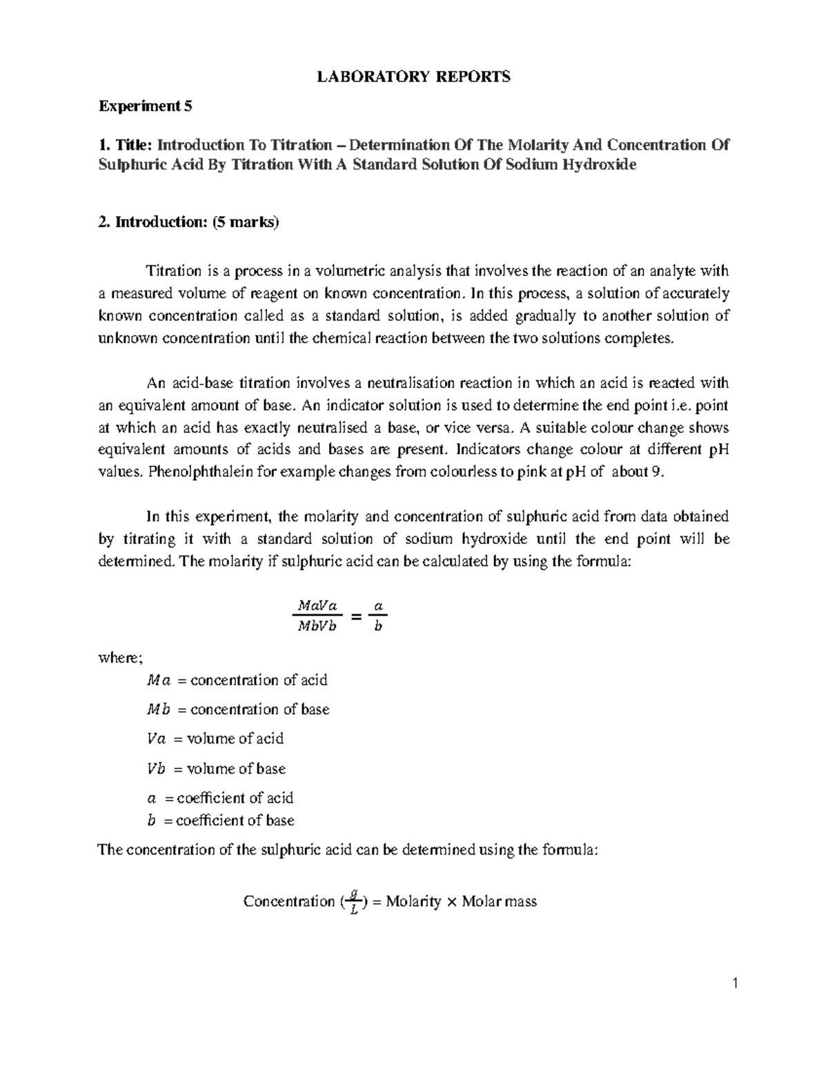 3. Experiment 5 - LABORATORY REPORTS Experiment 5 1. Title: Introduction To Titration – - Studocu