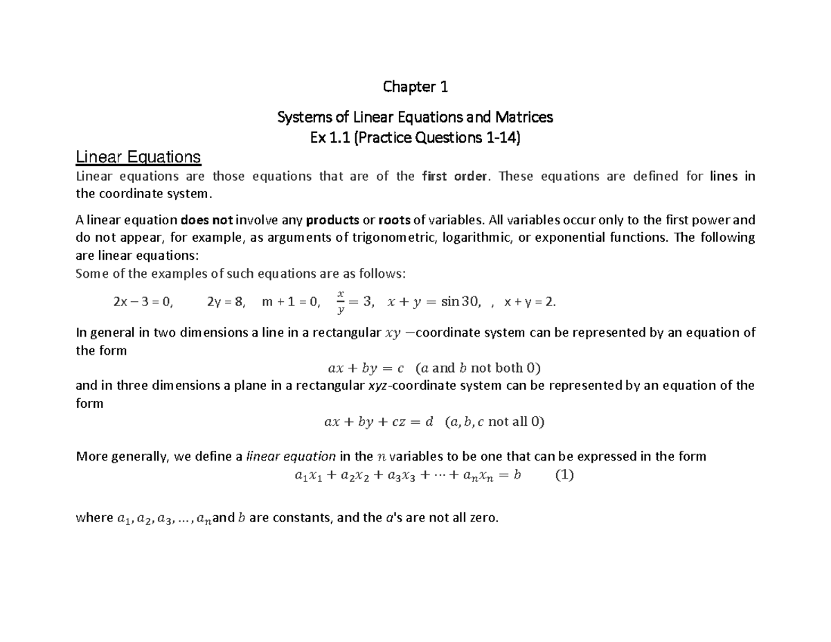 Chapter 1 - Question paper - Chapter 1 Systems of Linear Equations and ...