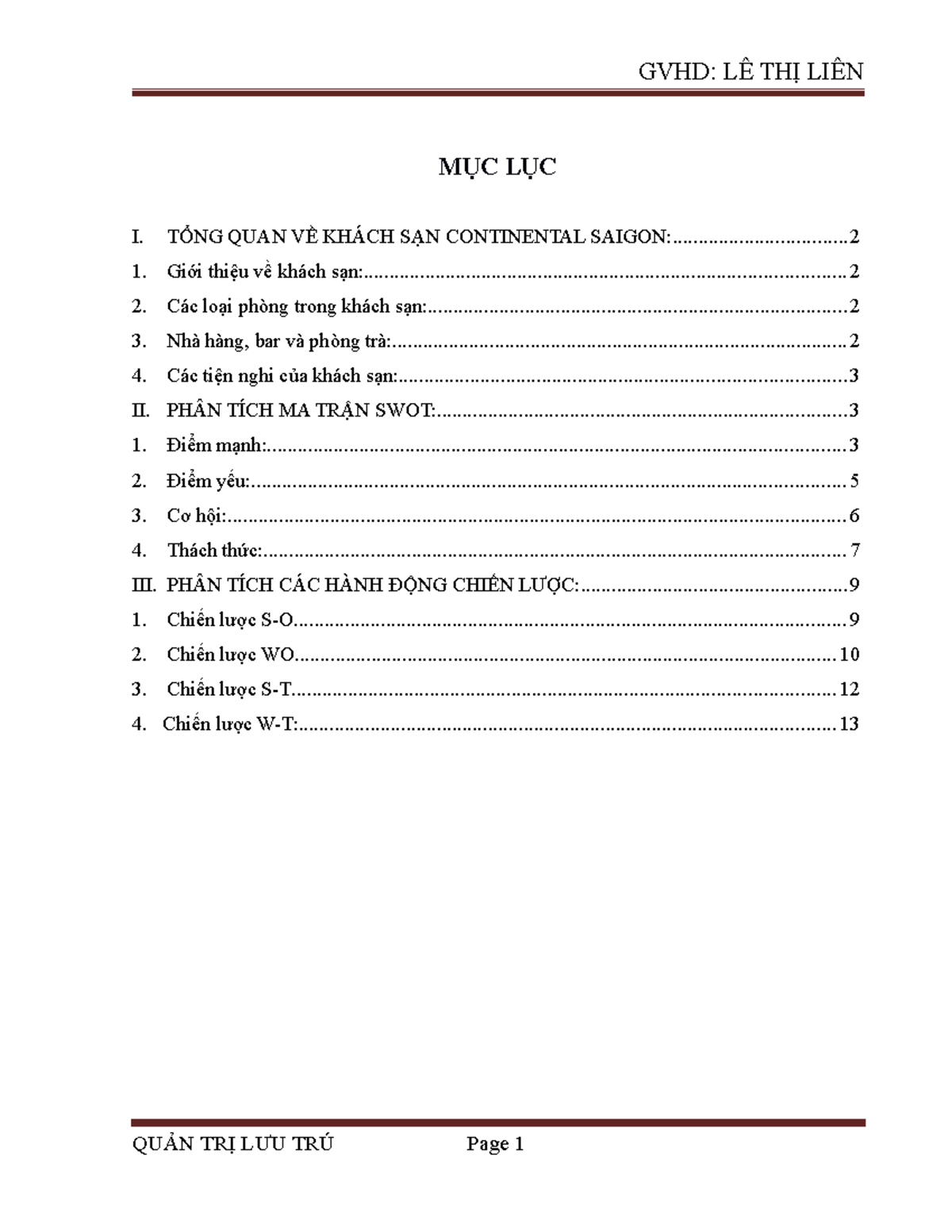 Gi i thi u v khach s n 2 2 PHAN TICH MA - MỤC LỤC I. TỔNG QUAN VỀ KHÁCH SẠN CONTINENTAL - Studocu