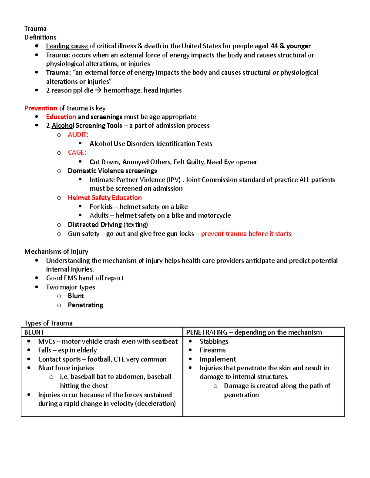 2020-Nurs420 critical care Trauma lecture notes - Trauma Definitions ...