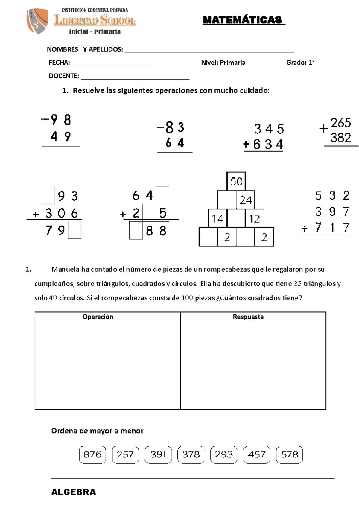 Concurso Matematicas 1º - MATEMÁTICAS NOMBRES Y APELLIDOS: - Studocu