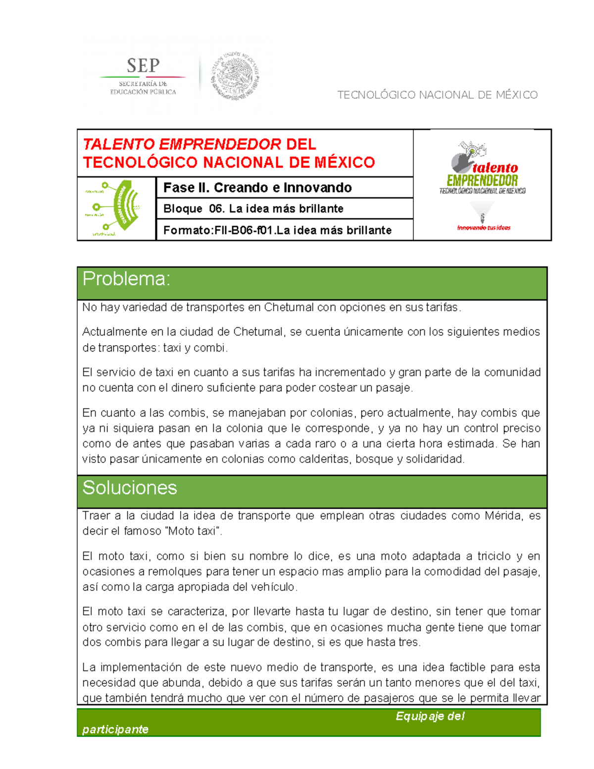 FII-B06-f01. La idea más brillante Equipaje - TALENTO EMPRENDEDOR DEL TECNOLÓGICO NACIONAL DE ...