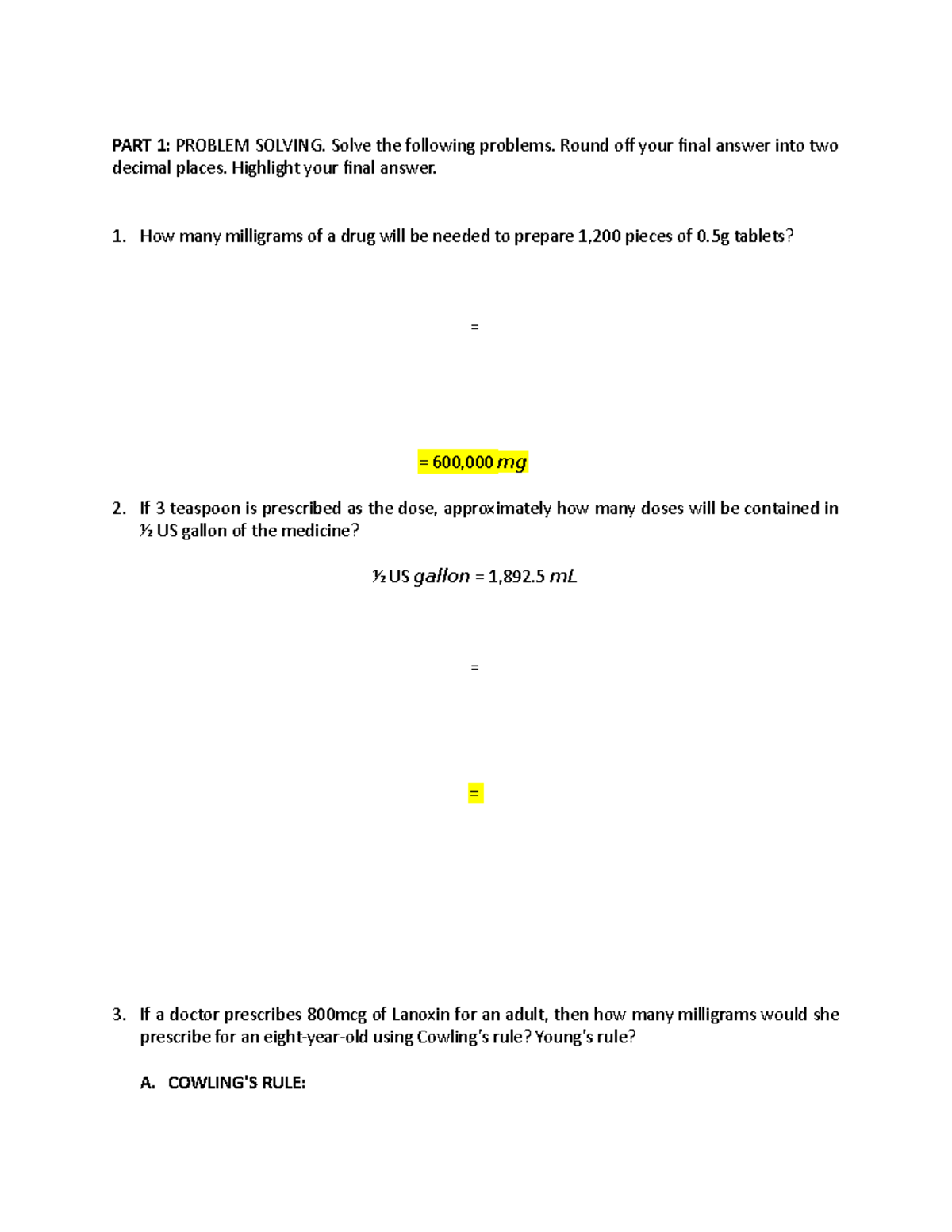 Activity 1 (Computation) - PART 1: PROBLEM SOLVING. Solve the following ...