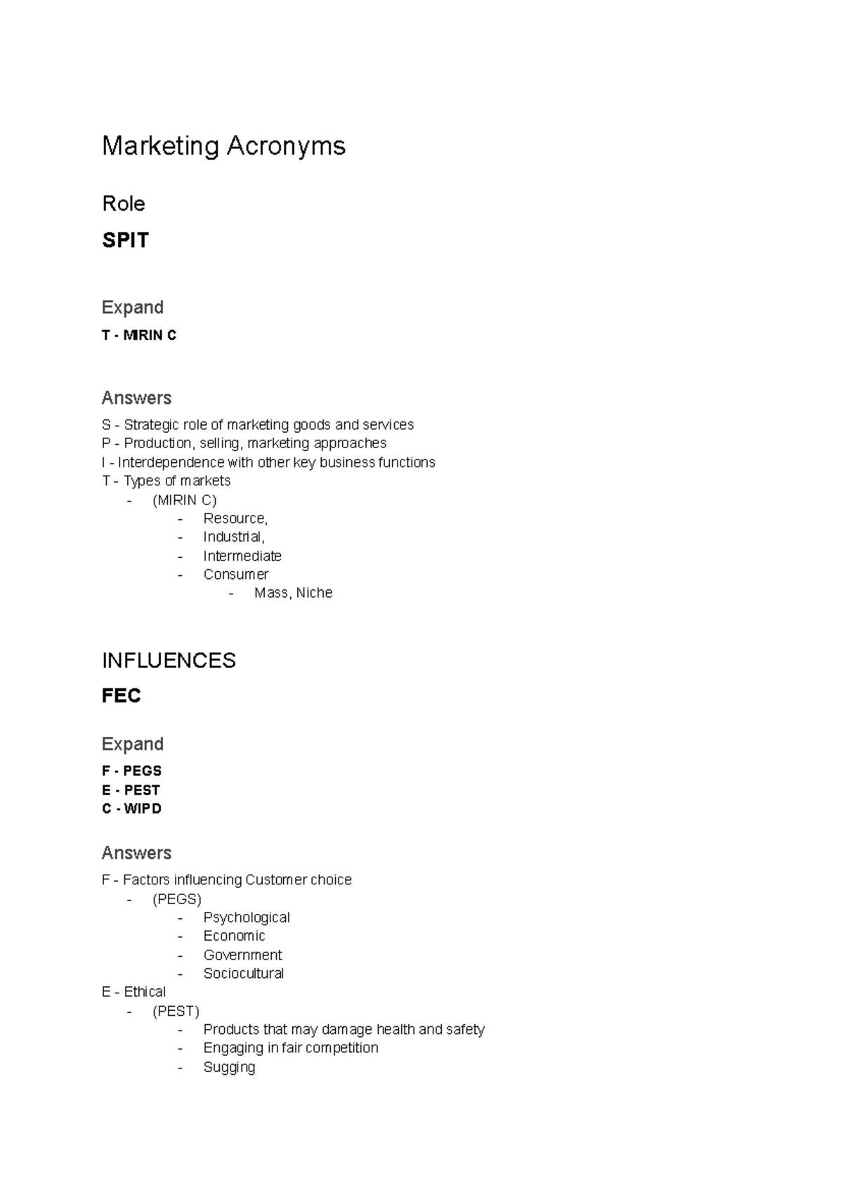 Acronyms - Marketing Acronyms Role SPIT Expand T - MIRIN C Answers S ...