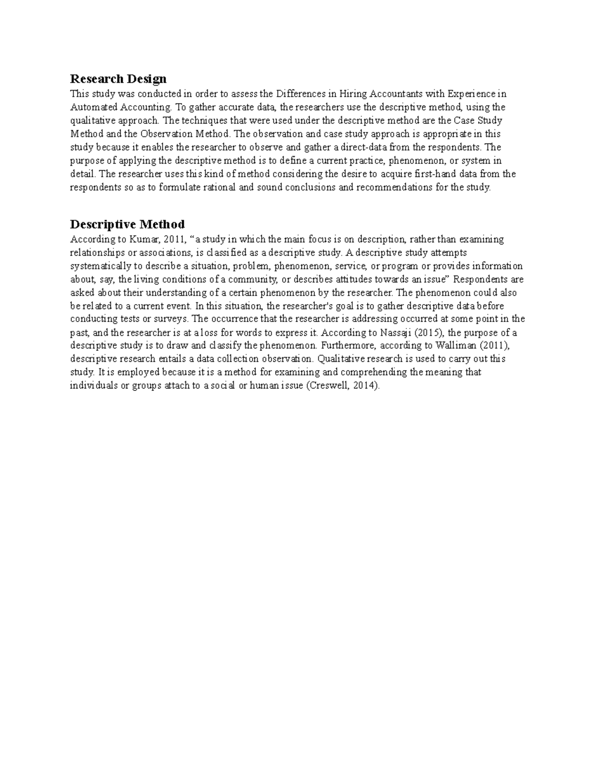 Research design example for accounting - Research Design This study was ...