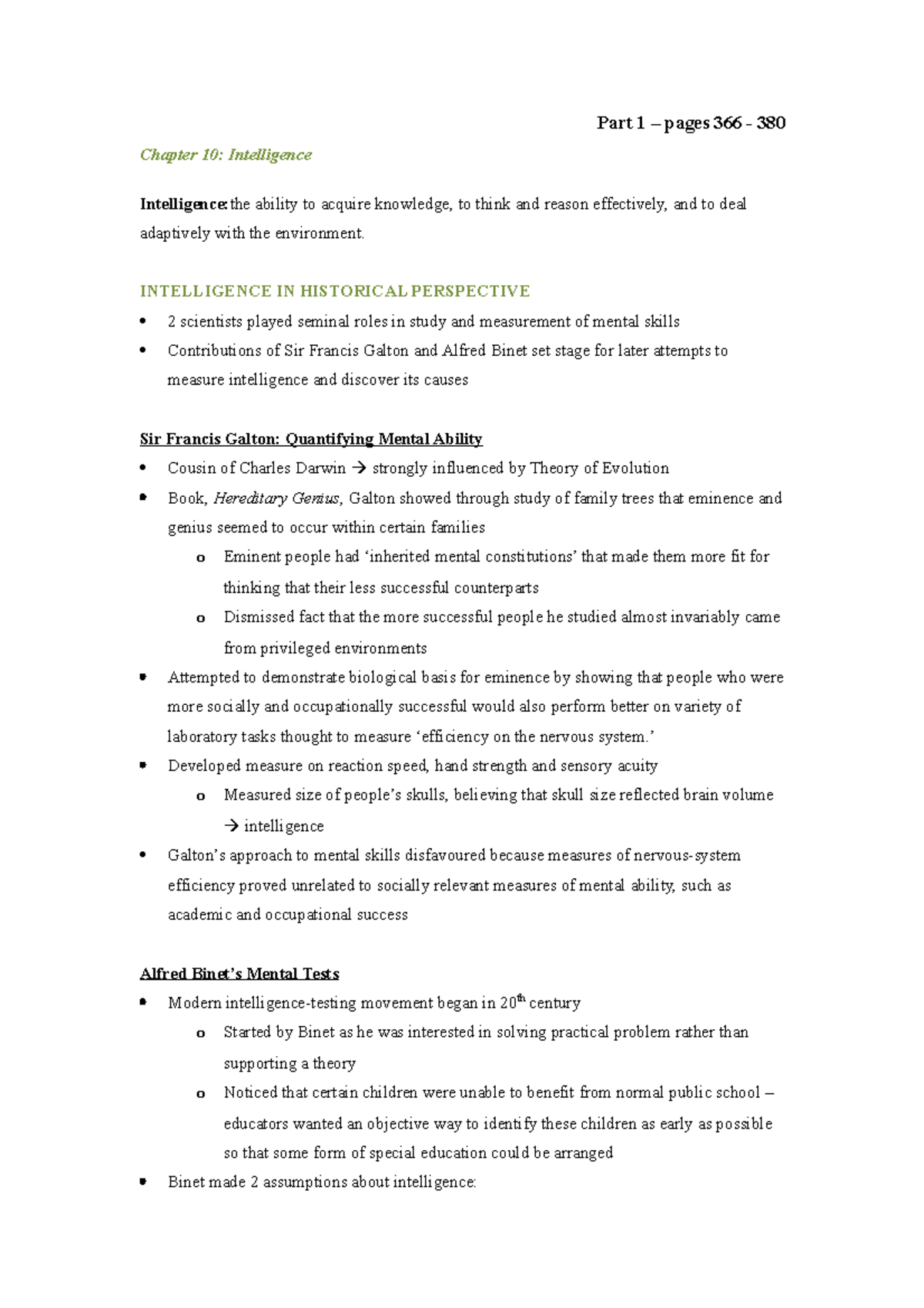 Pschology summary-Intelligence - Part 1 pages 366 380 Chapter 10 ...