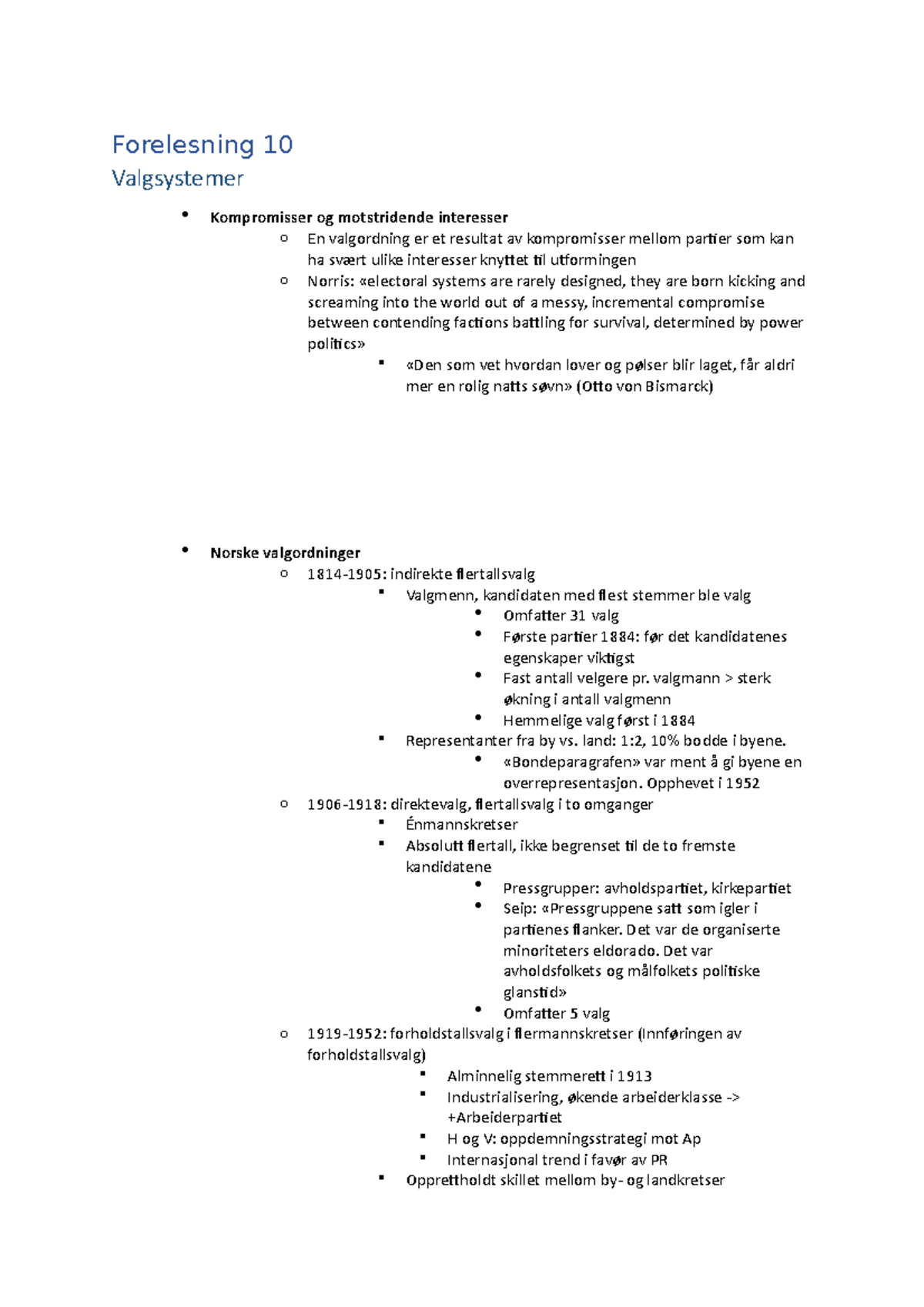 Forelesning 10 - Valgsystem og folkeavstemminger i Norge - Forelesning 10 Valgsystemer - Studocu