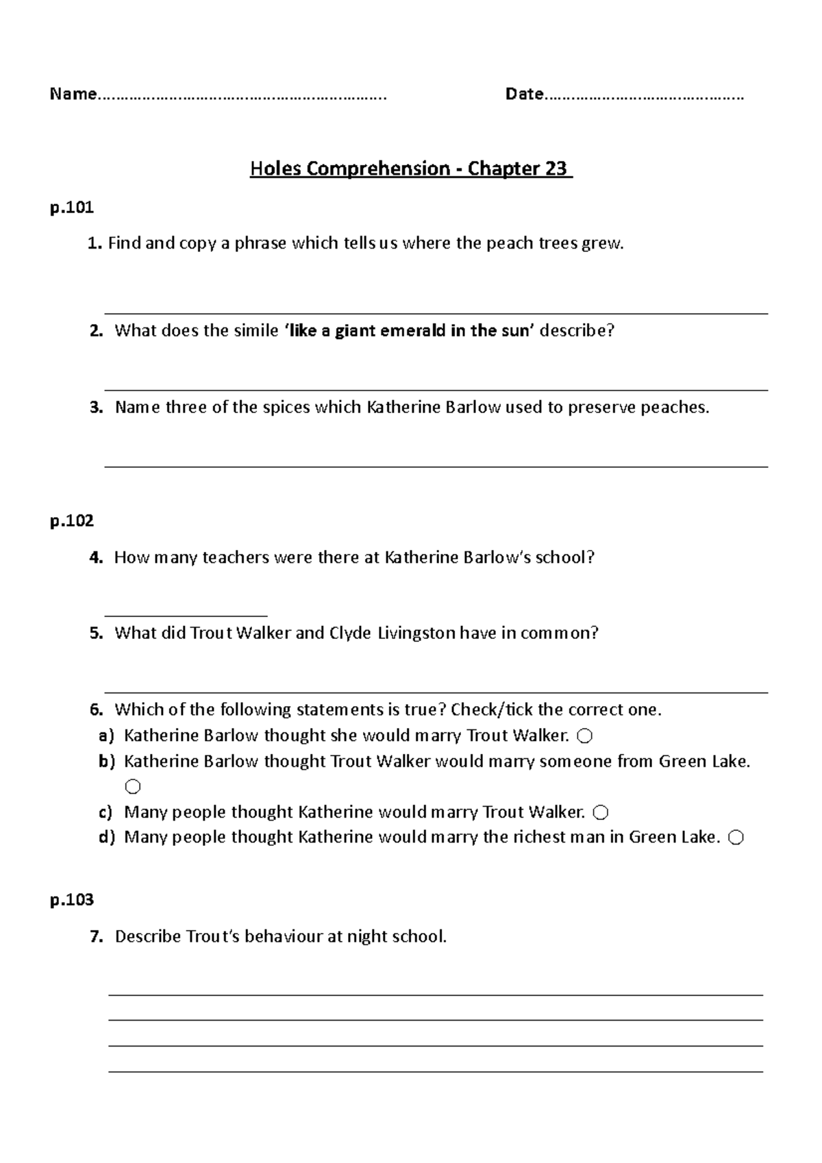 Holes Comprehension Questions Answers Chapter 23-1 - - Studocu