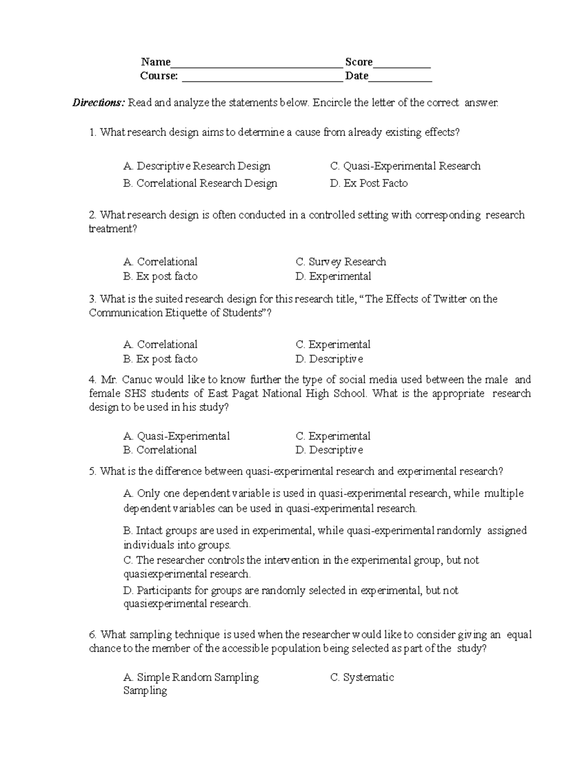 Practical Research - pretest - Name______________________________ Score ...