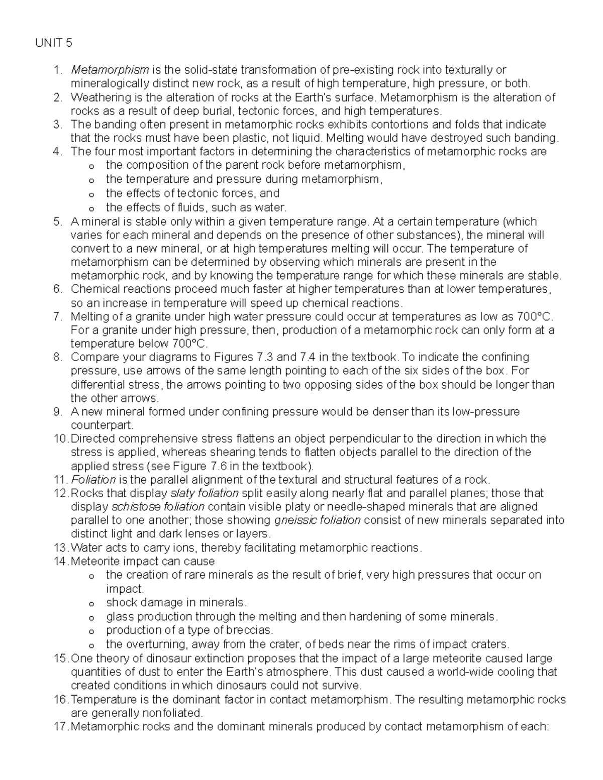 GEOL 200 unit 5 exercises and answer key - UNIT 5 Metamorphism is the ...