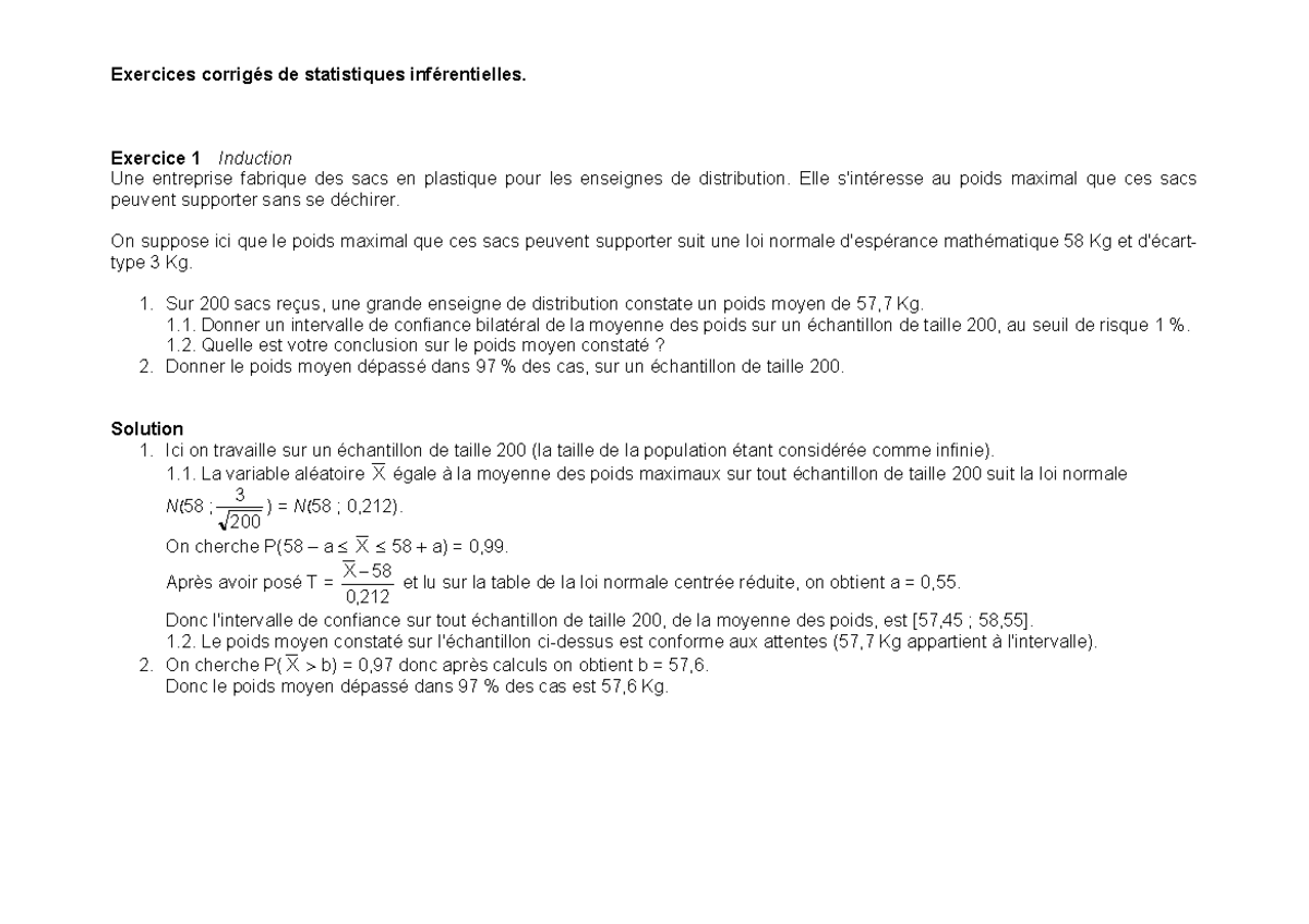 Td estimation maths - Exercices corrigés de statistiques inférentielles. Exercice 1 Induction ...
