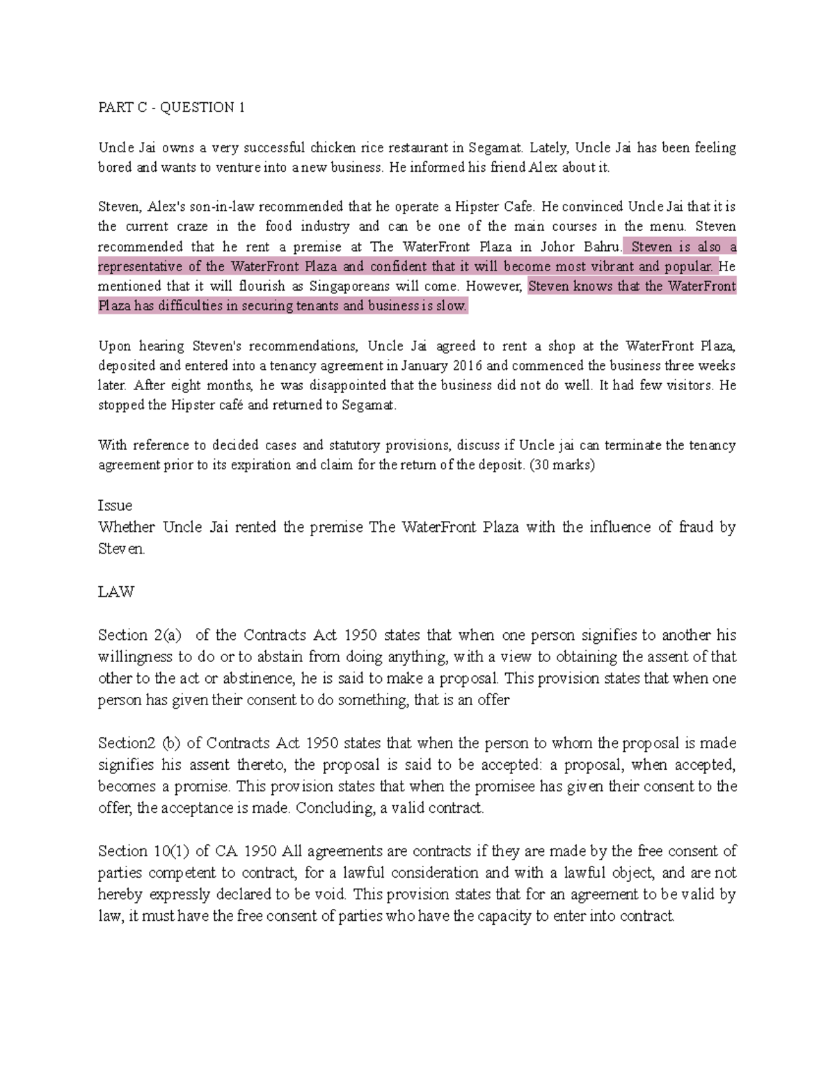 FREE Consent - notes - PART C - QUESTION 1 Uncle Jai owns a very ...