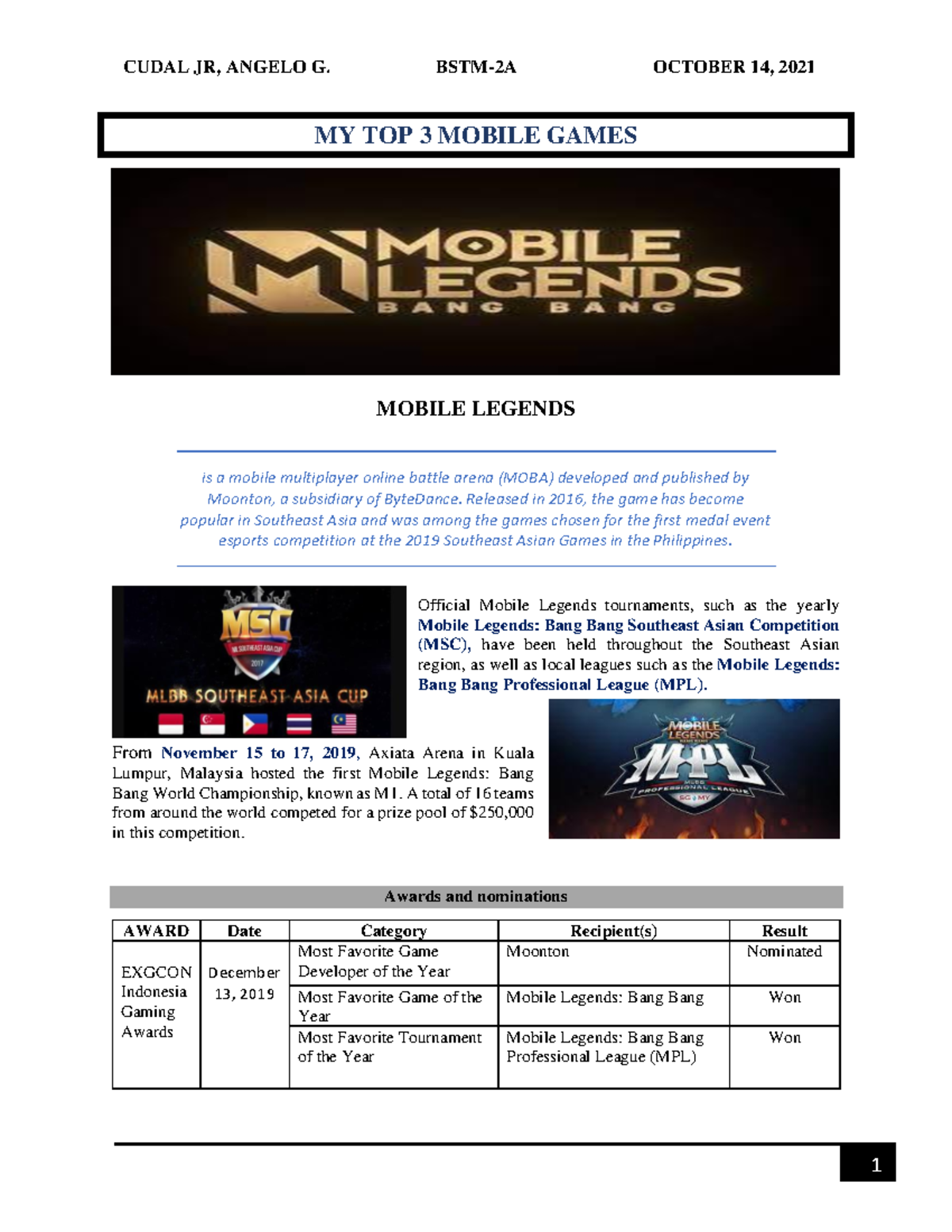 Cudal Jr., Angelo BSTM-2A - CUDAL JR, ANGELO G. BSTM-2A OCTOBER 14, 2021 1 MY TOP 3 MOBILE GAMES ...