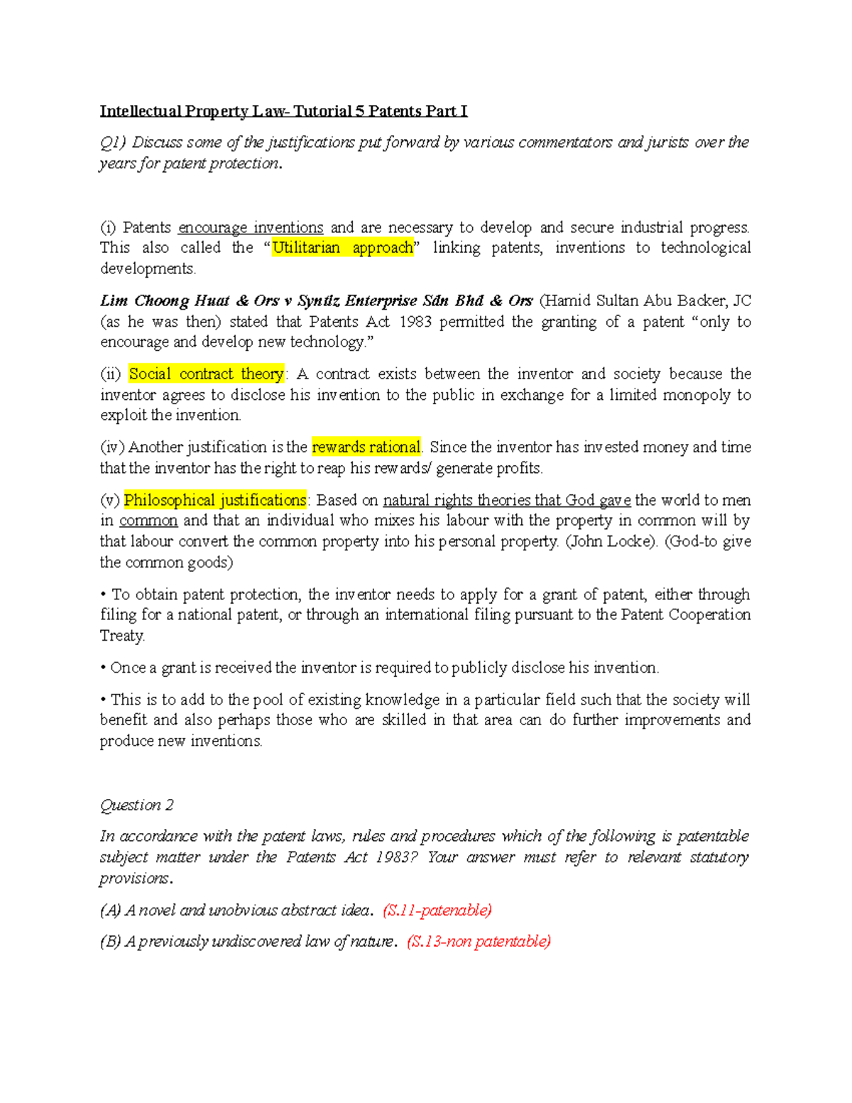 Tutorial 5 Answers - About patenable or non-patentable - Intellectual ...