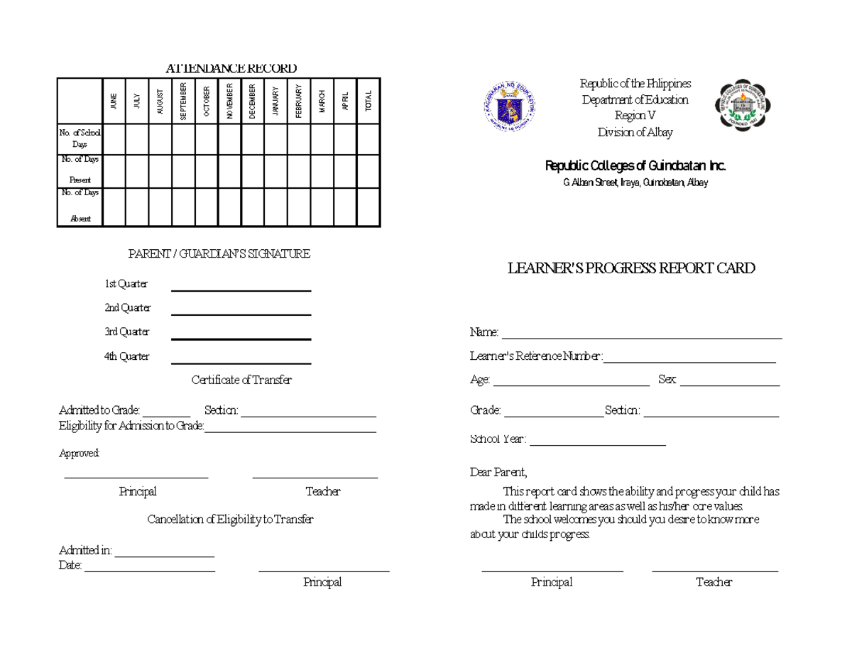 Report Card for Secondary - 1st Quarter 2nd Quarter 3rd Quarter Name ...