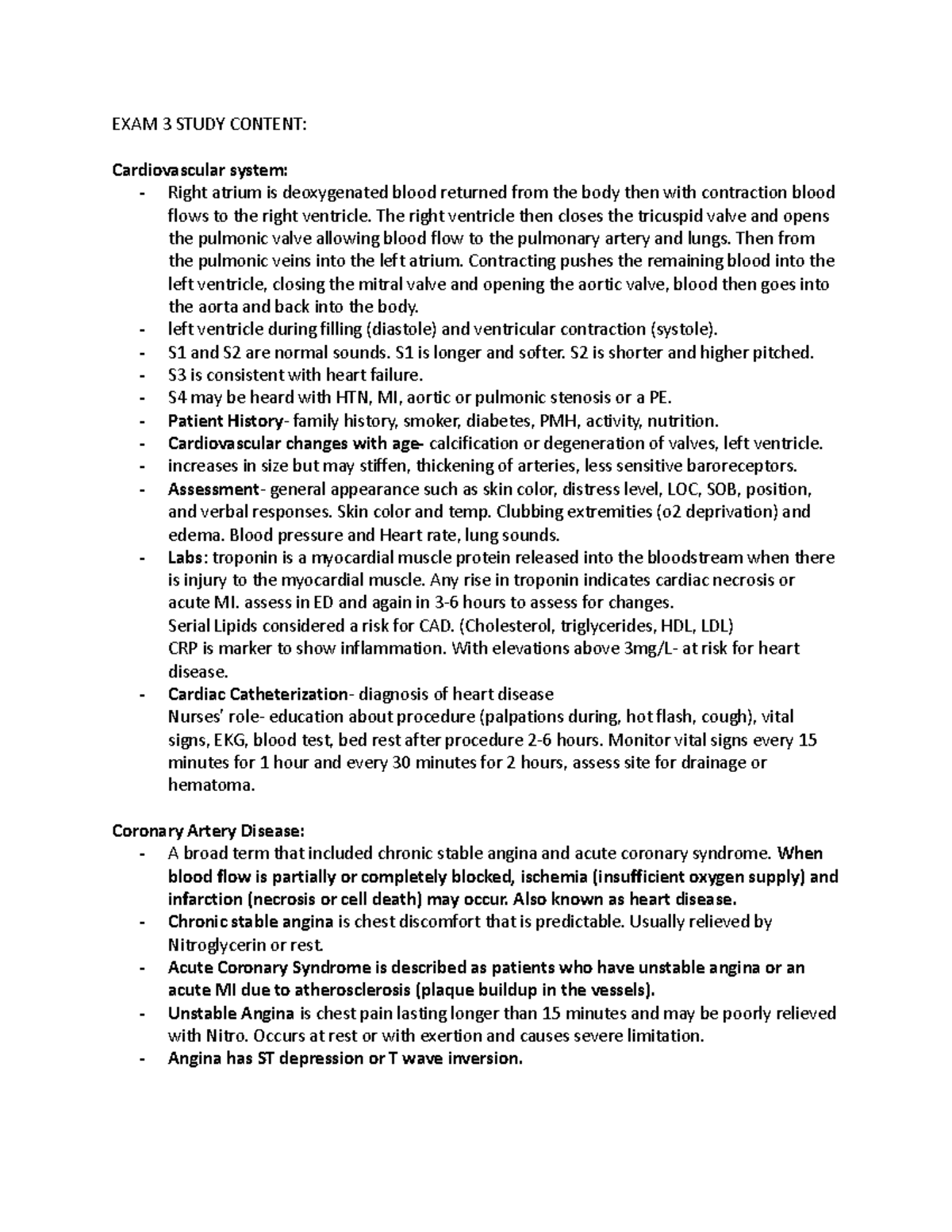 Cardiac Study Content - EXAM 3 STUDY CONTENT: Cardiovascular system ...