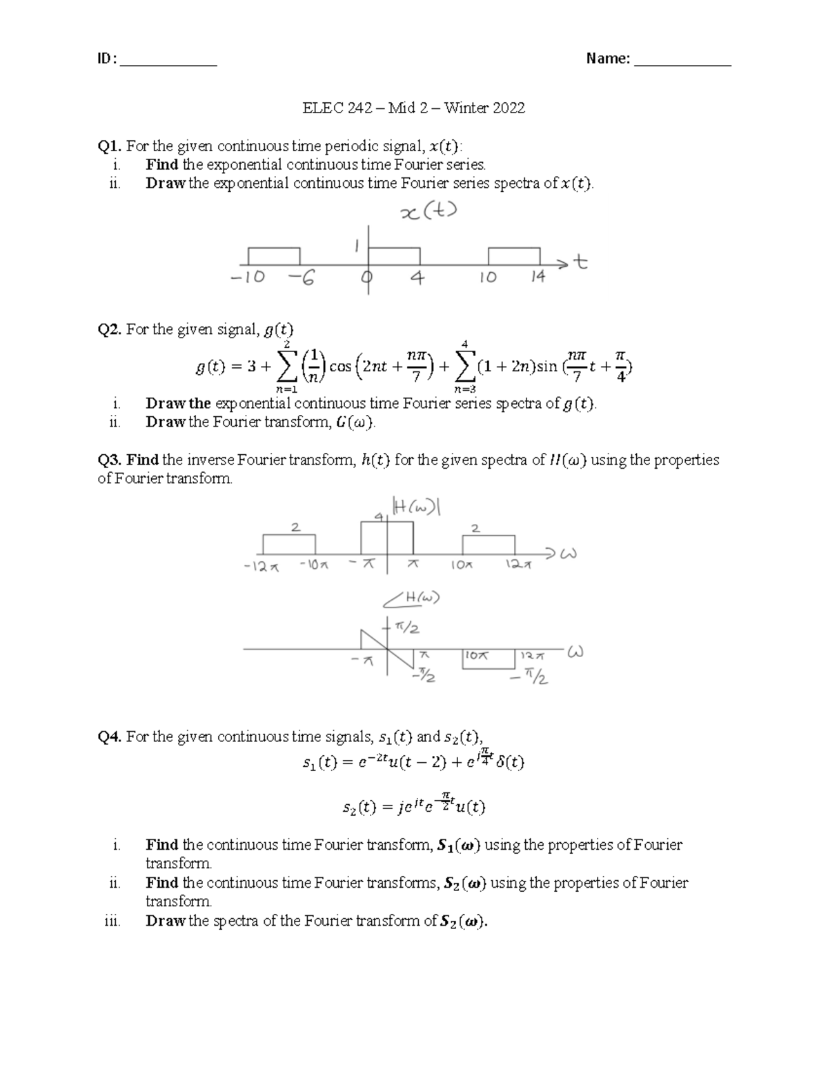 Mid2 ELEC242 Winter 2022 - ID: ____________ Name: ____________ ELEC 242 – Mid 2 – Winter 2022 Q1 ...