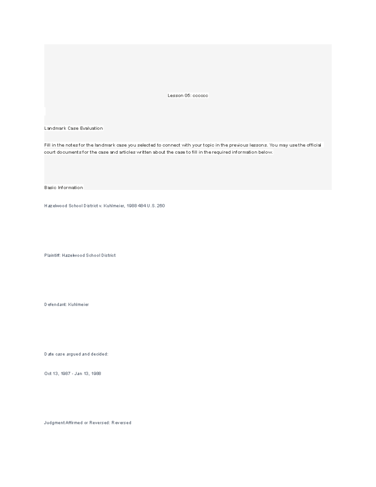 Assignment 03.05 Process of Selection - Lesson 05: cccccc Landmark Case ...