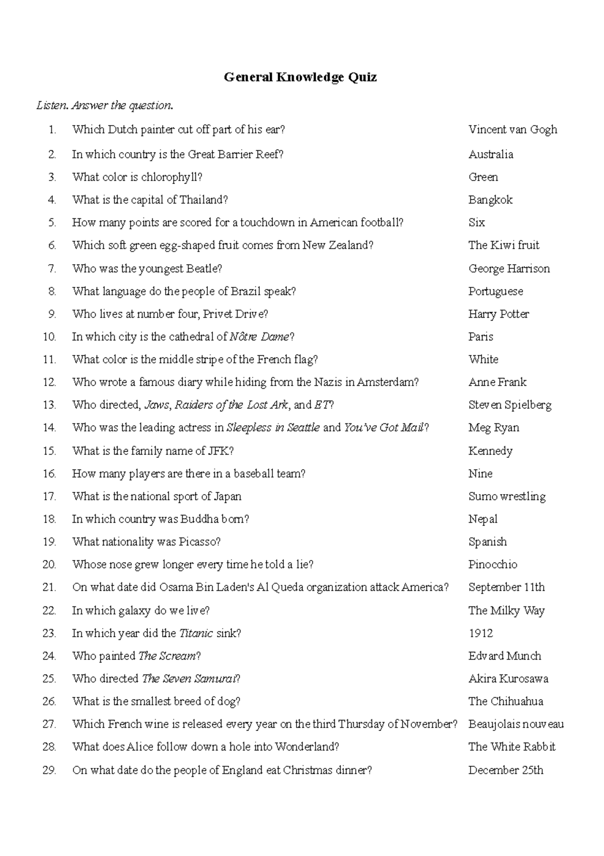 General knowledge quiz-1 - General Knowledge Quiz Listen. Answer the ...