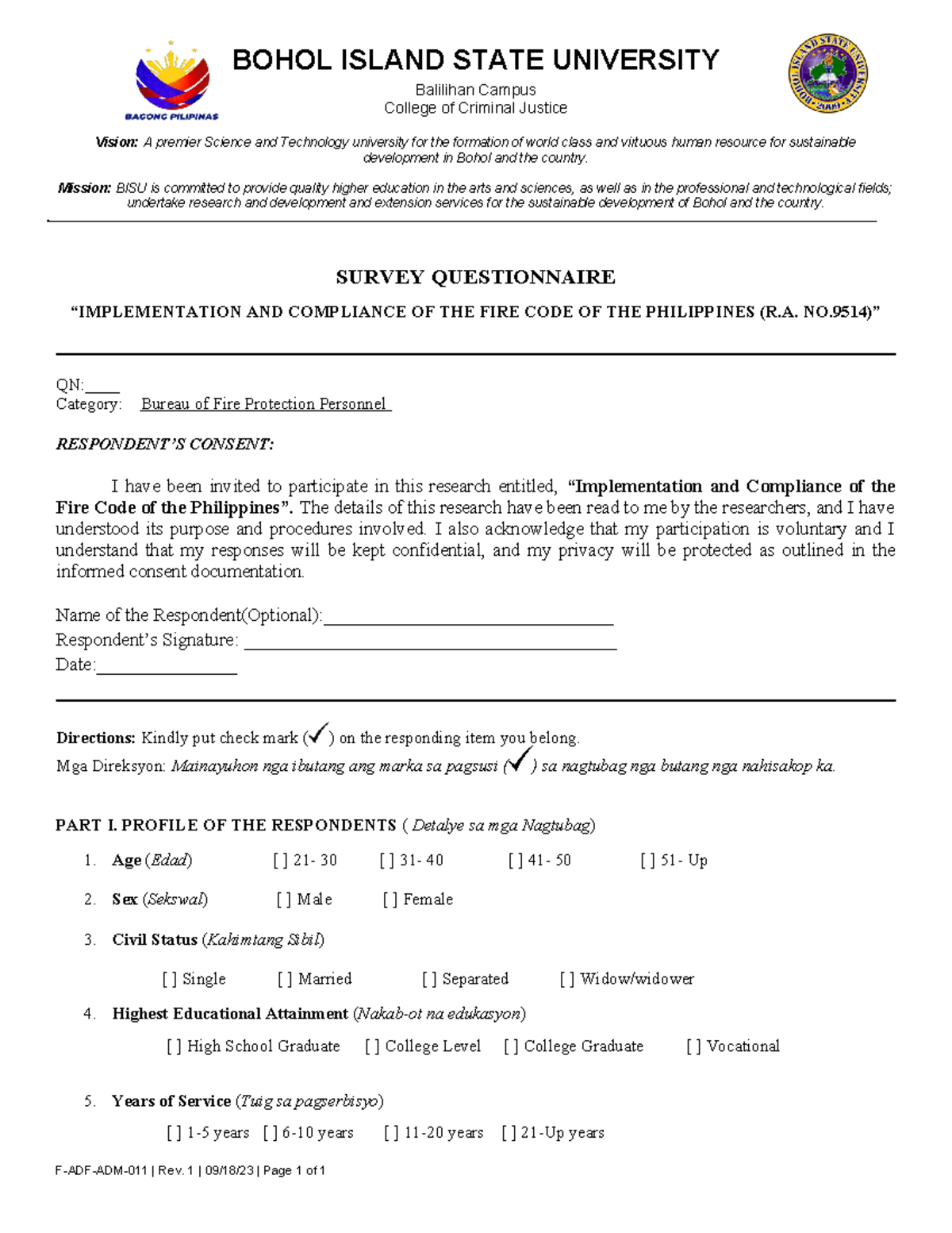 Survey implementation 1 1 - BOHOL ISLAND STATE UNIVERSITY Balilihan ...