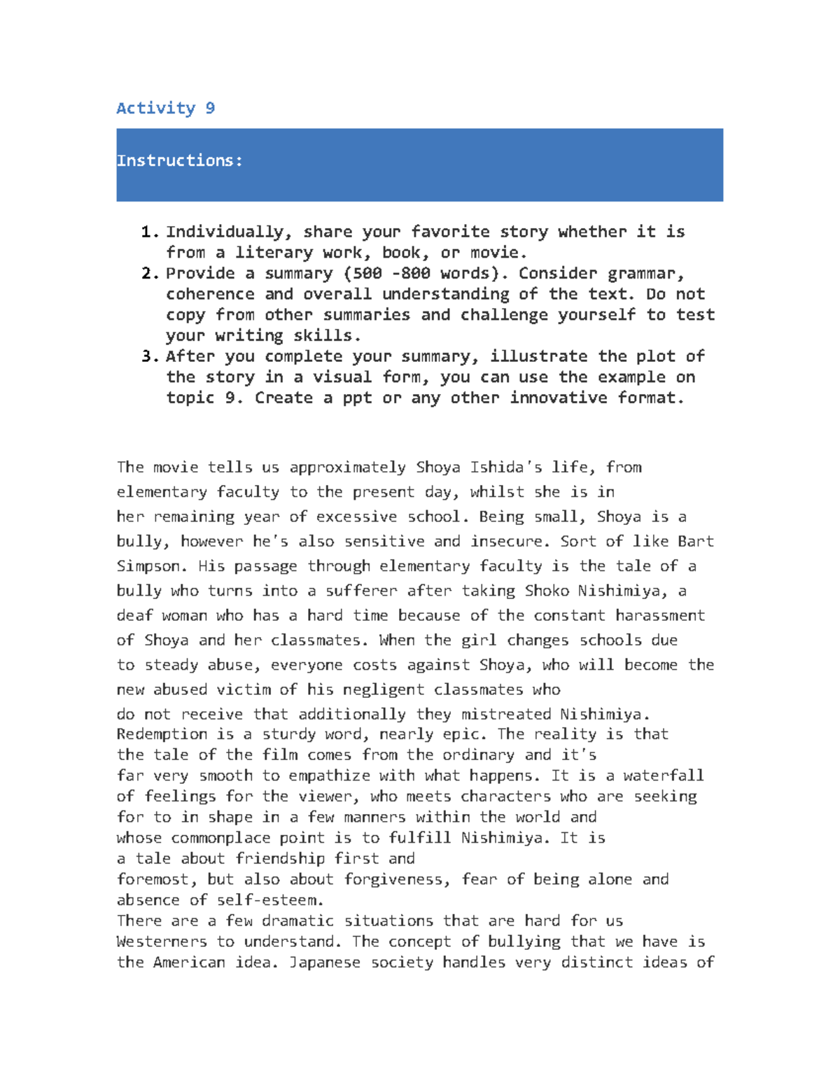 ACt 9 - Global Culture II - Activity 9 Instructions: 1, share your ...