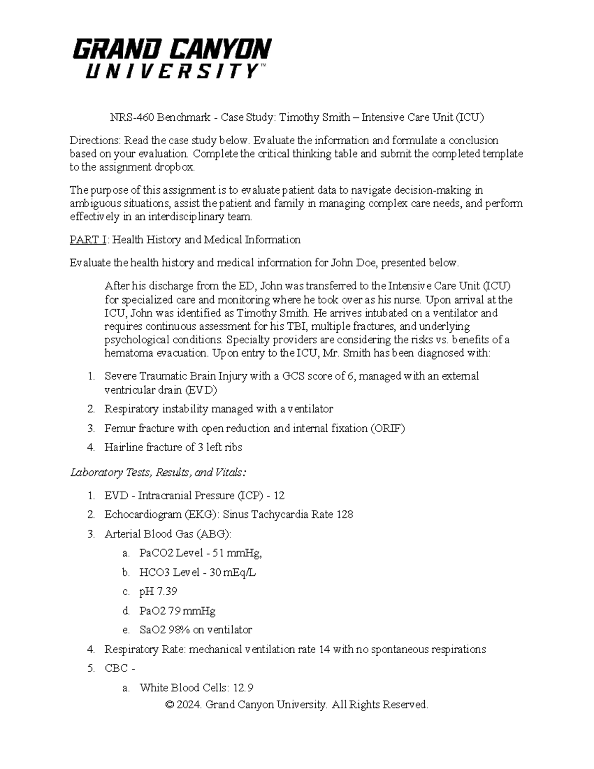 NRS 460 RS T2 Benchmark Case Study Timothy Smith ICU - NRS-460 ...