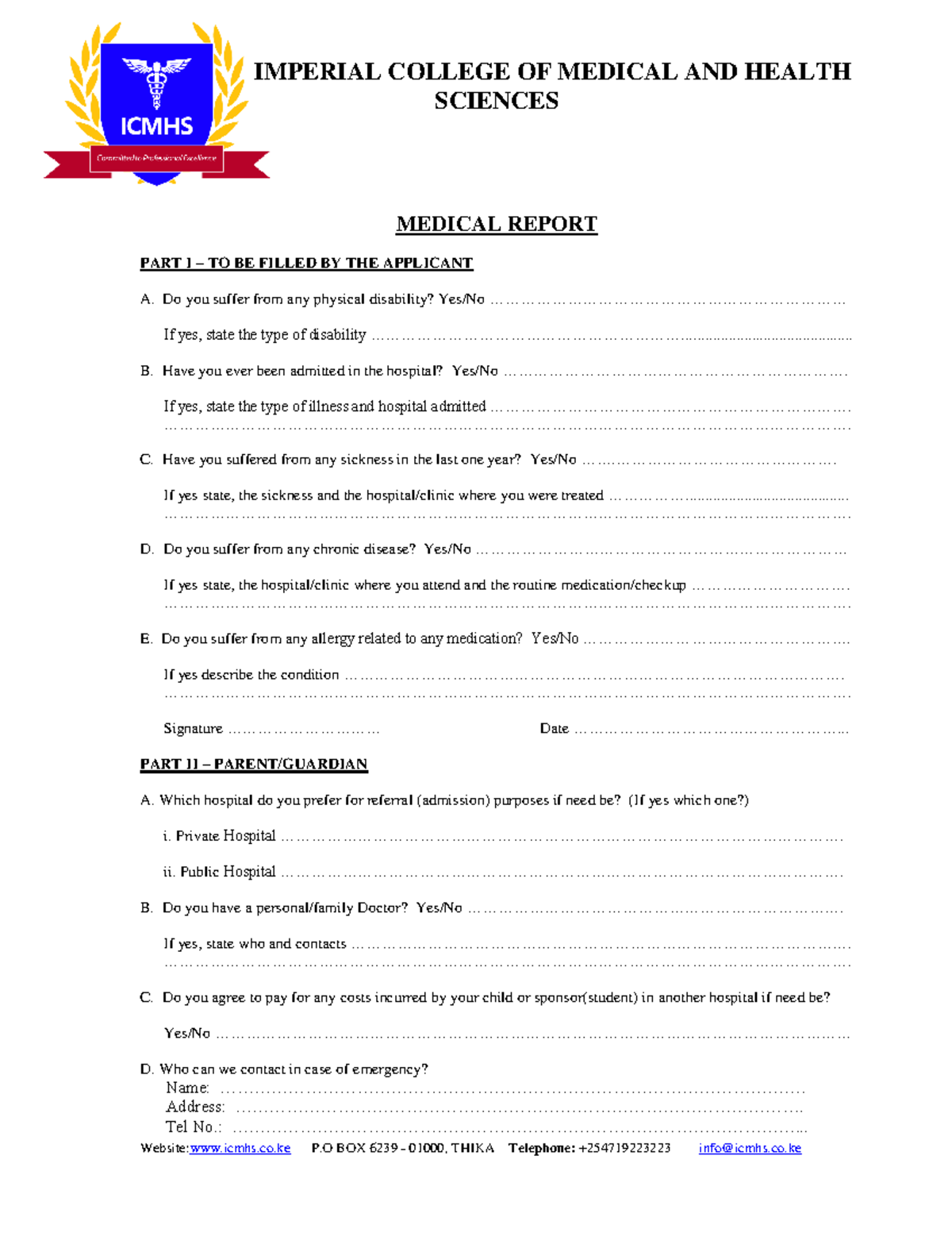 Medical Report- Icmhs DOC. - Website:icmhs.co P BOX 6239 - 01000, THIKA ...