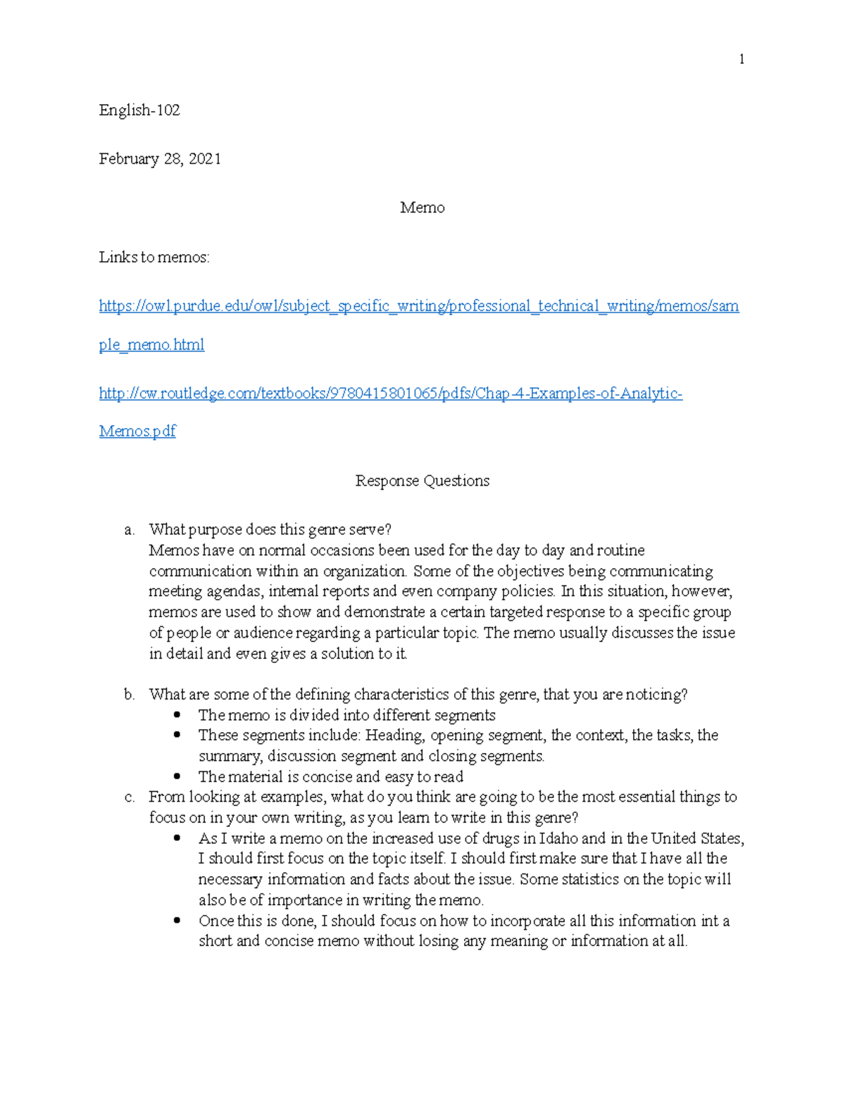 Week 6 exploration - Memo guide - 1 English- February 28, 2021 Memo ...