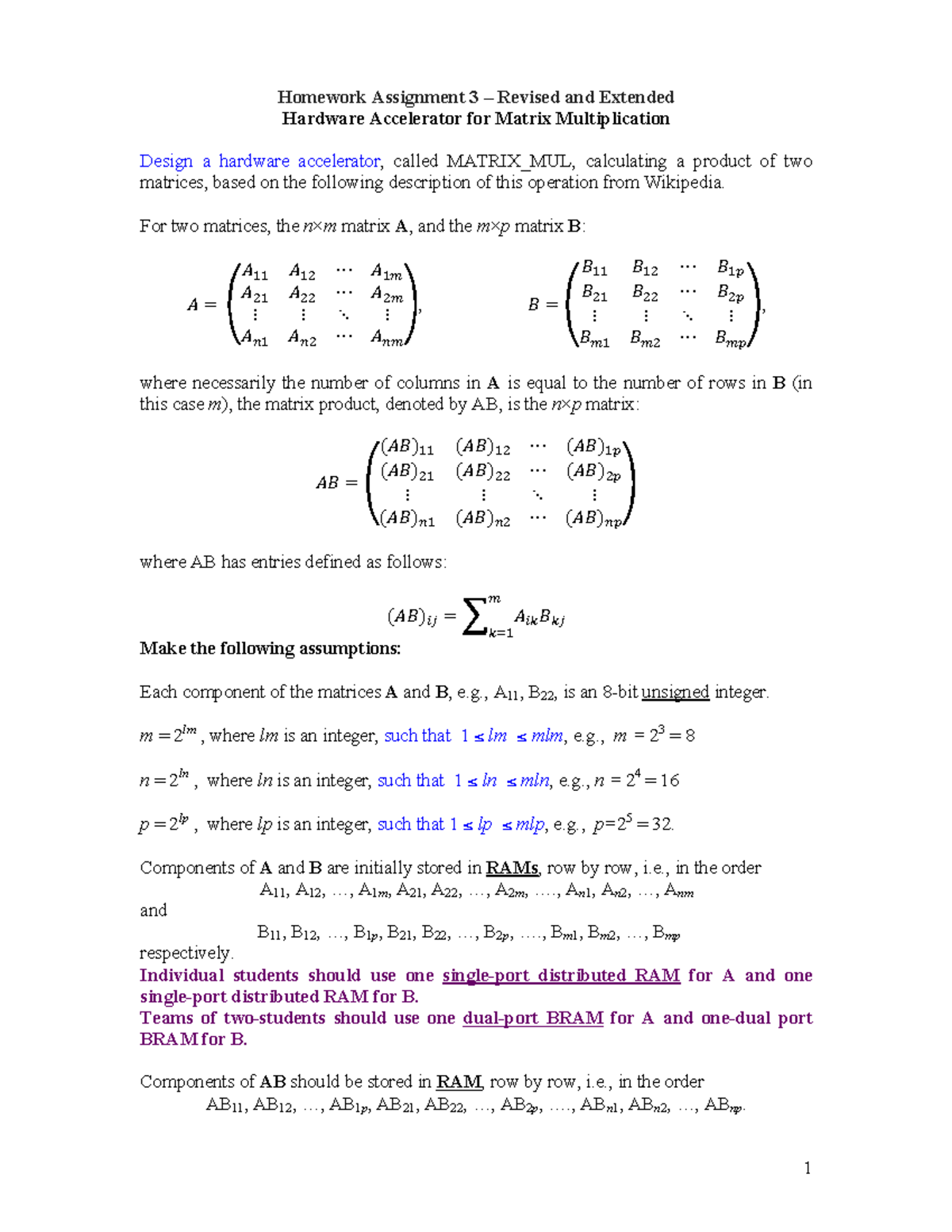 Homework Assignment 03 - For two matrices, the matrix A, and the matrix ...