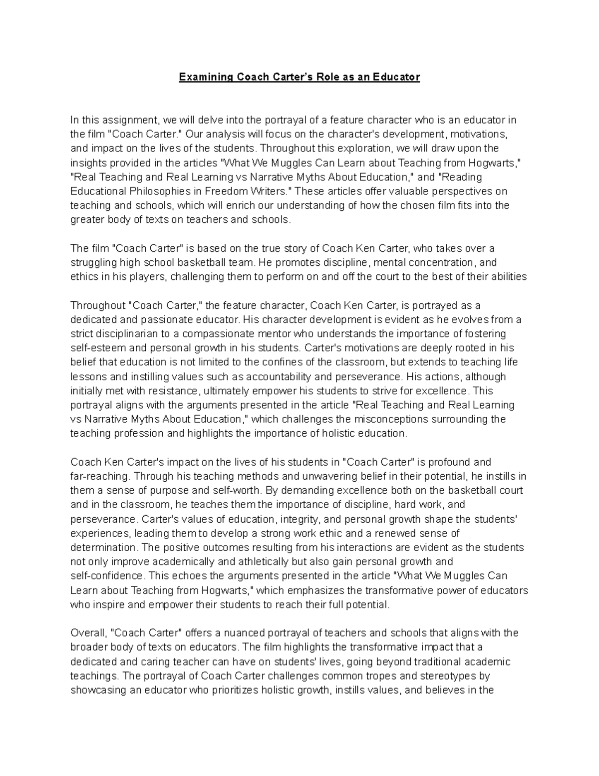 Examining Coach Carter’s Role as an Educator - " Our analysis will ...