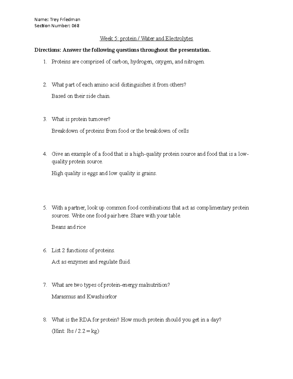 Week 5 Lab Handout - Sec0on Number: 068 Week 5: protein / Water and ...