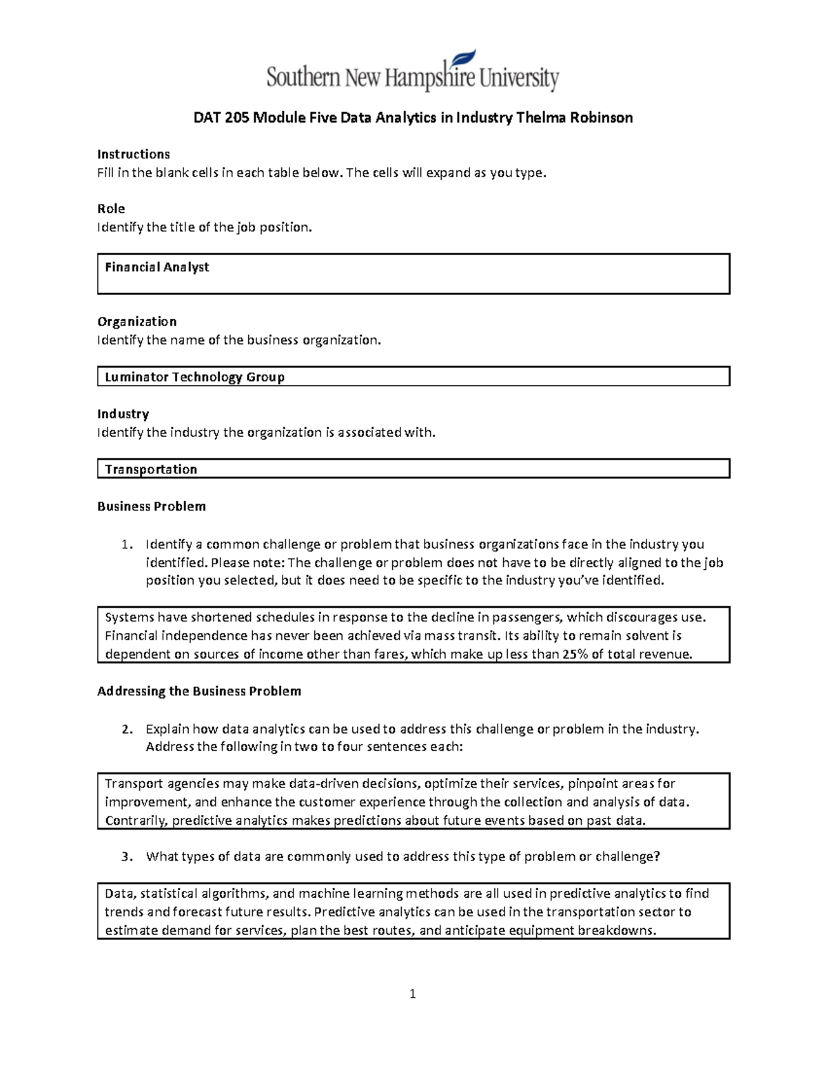 DAT 205 Module Five Data Analytics in Industry Thelma Robinson - The cells will expand as you ...