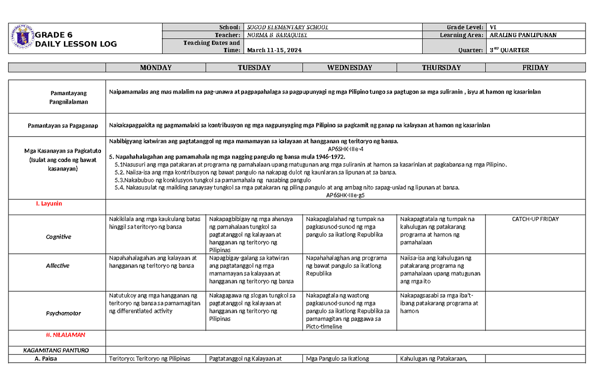 DLL Araling Panlipunan 6 Q3 W5 - GRADE 6 DAILY LESSON LOG School: SOGOD ELEMENTARY SCHOOL Grade ...
