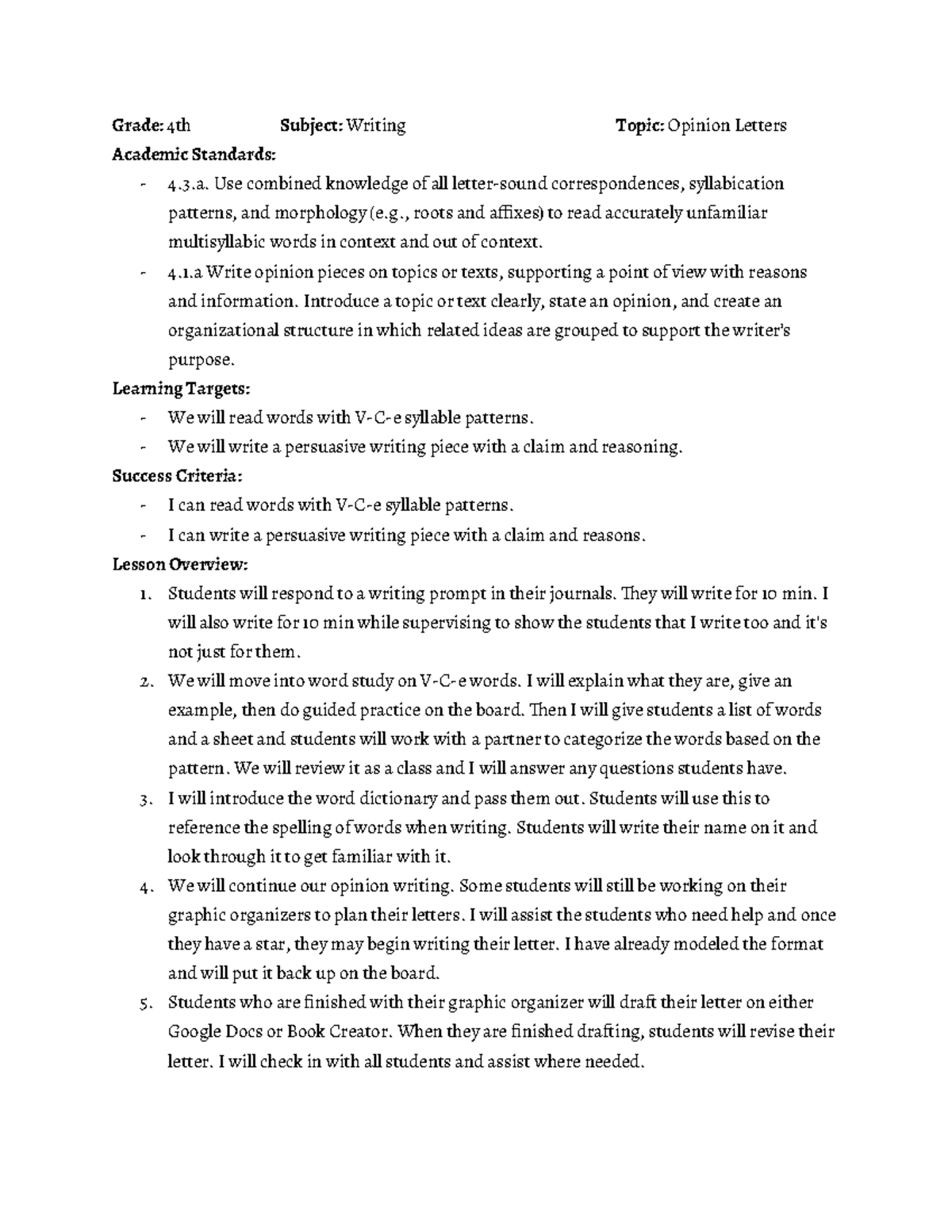 Writing Lesson plan - Grade: 4th Subject: Writing Topic: Opinion ...