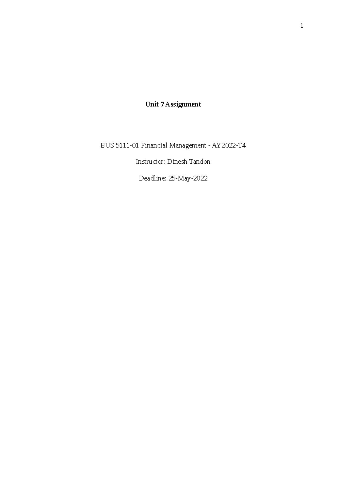 Financial Management - Unit 7 - Written Assignment - Unit 7 Assignment ...