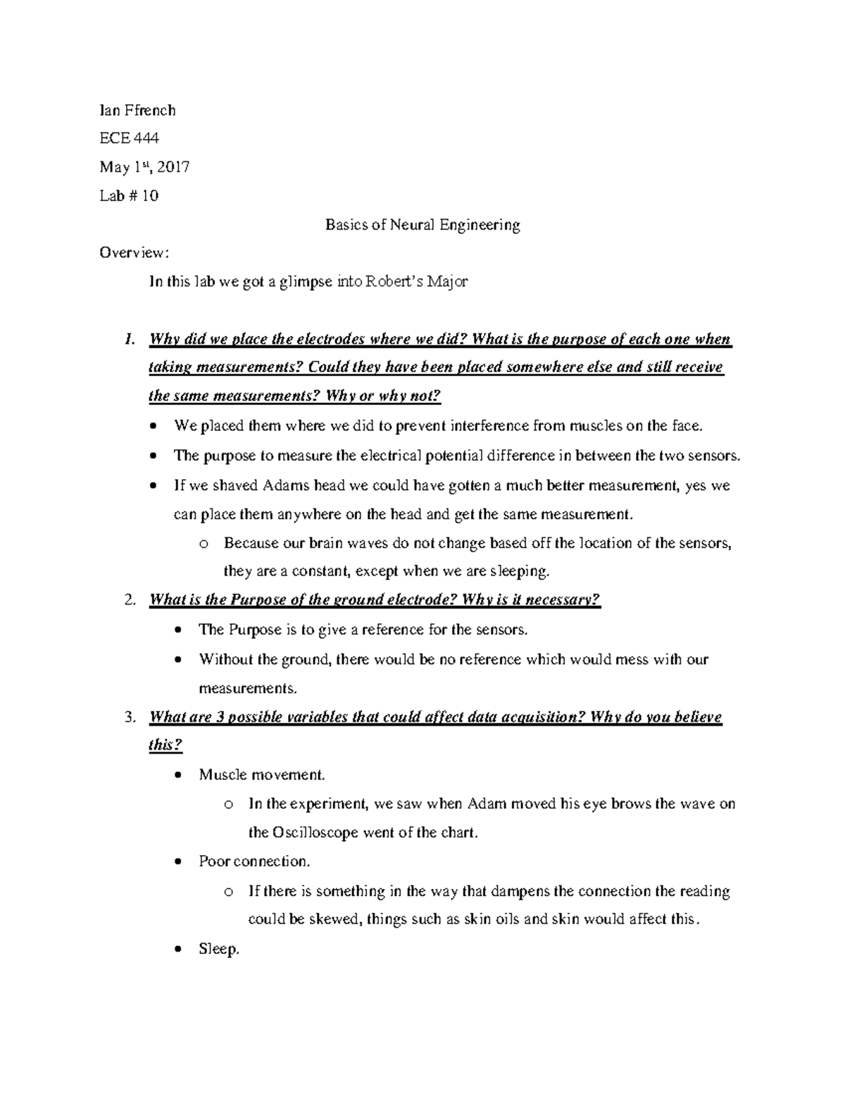 Brain lab Notes - Ian Ffrench ECE 444 May 1st, 2017 Lab # 10 Basics of ...